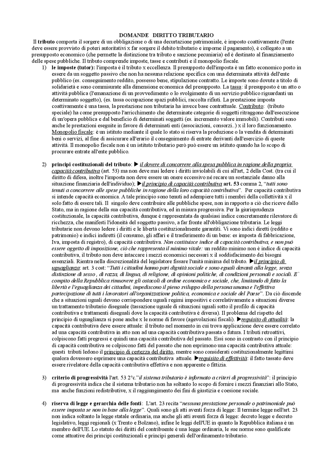 Domande Desame Di Diritto Tributario Prove Desame Di Diritto