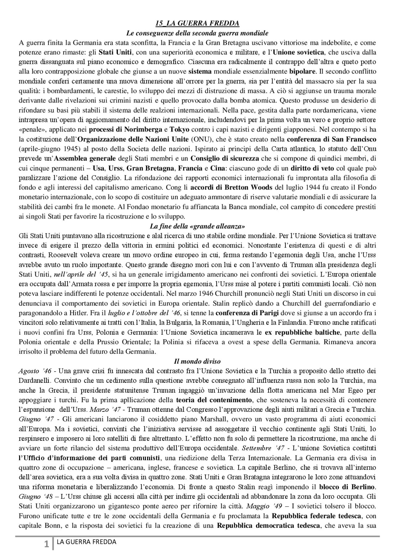 Riassunto La Guerra Fredda Docsity