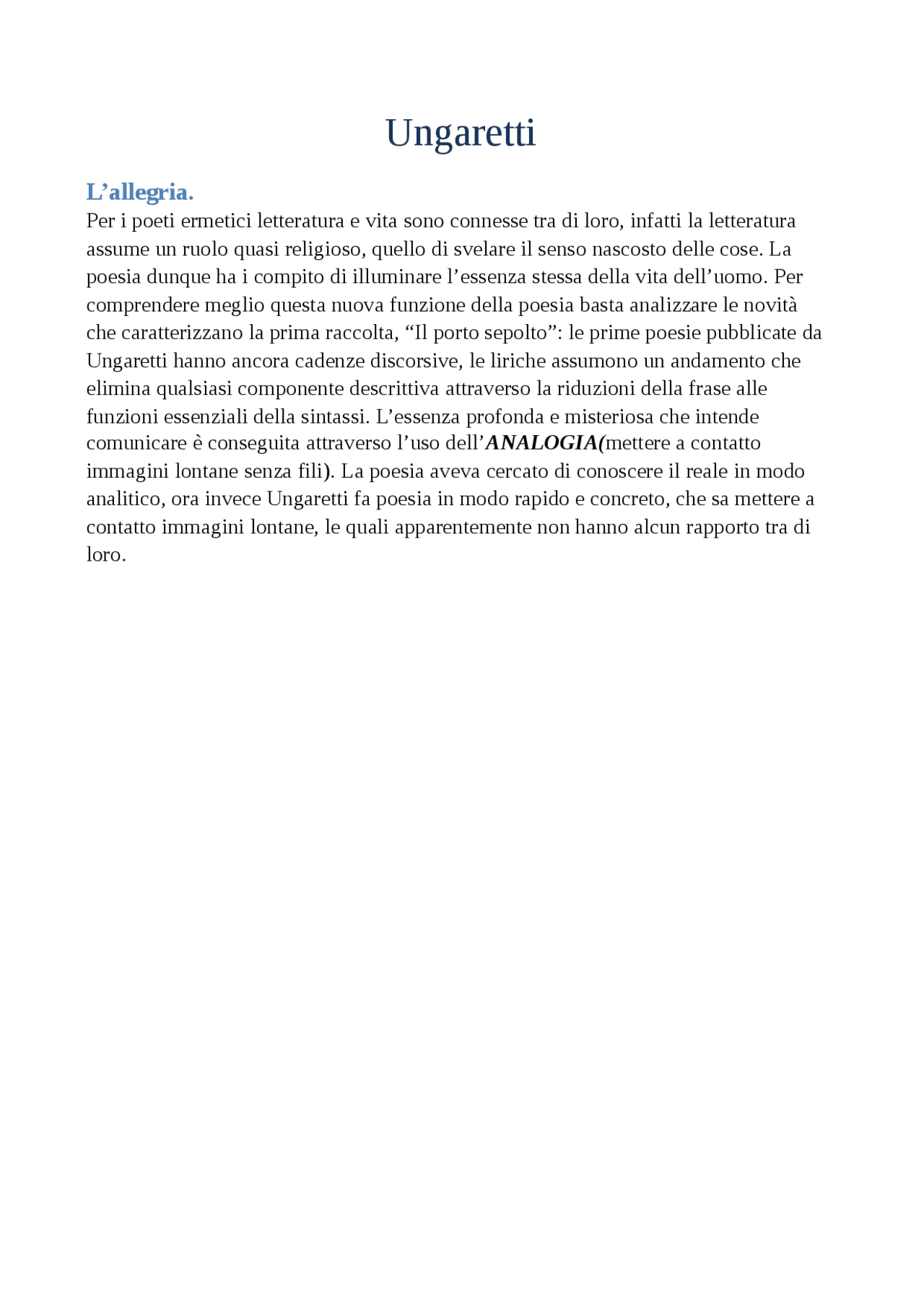 Appunti Su Ungaretti Docsity