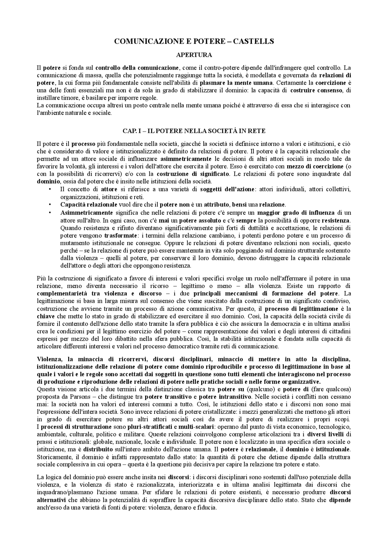 Riassunto Castells Comunicazione E Potere Docsity
