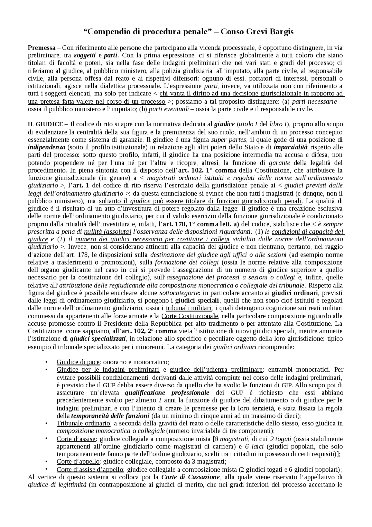 Riassunto Compendio Di Procedura Penale Conso Grevi Bargis Docsity