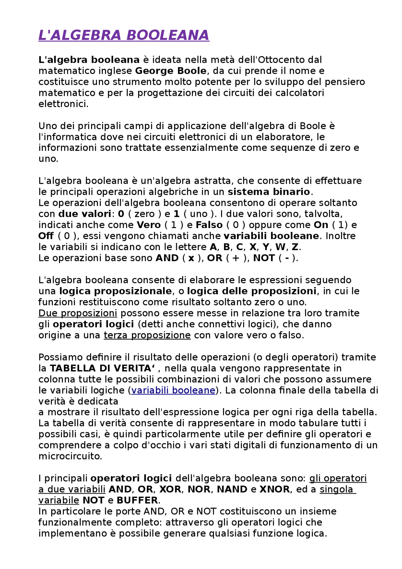 Tesina informatica : algebra booleana e programma cart - Docsity