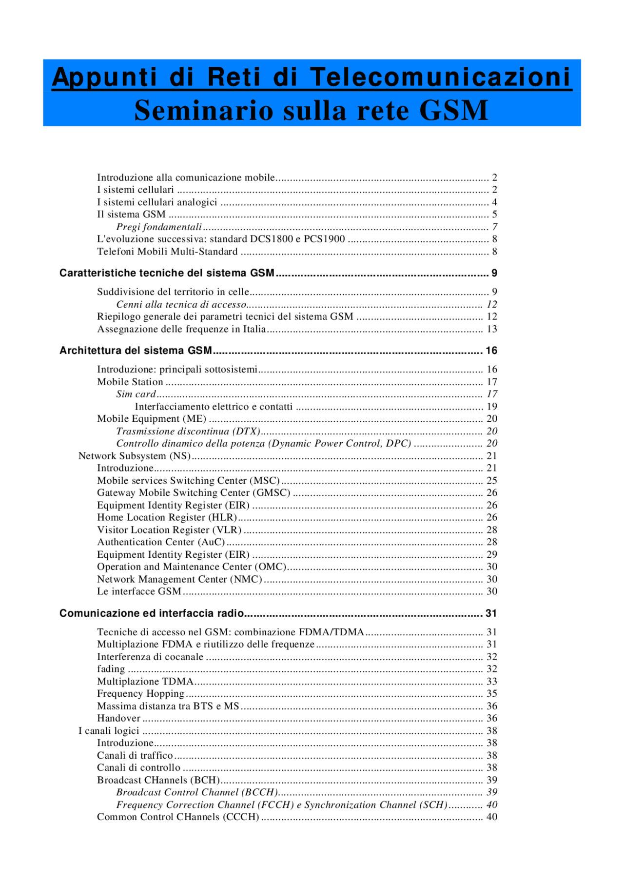 Reti di telecomunicazioni (rete GSM) - Docsity