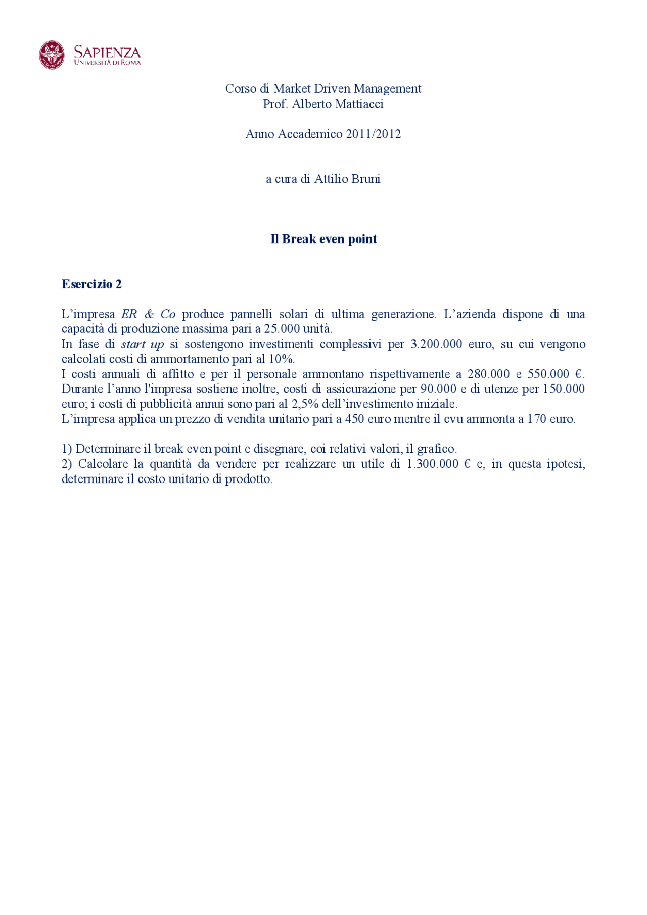 Esercizio Break Even Point 1 Docsity
