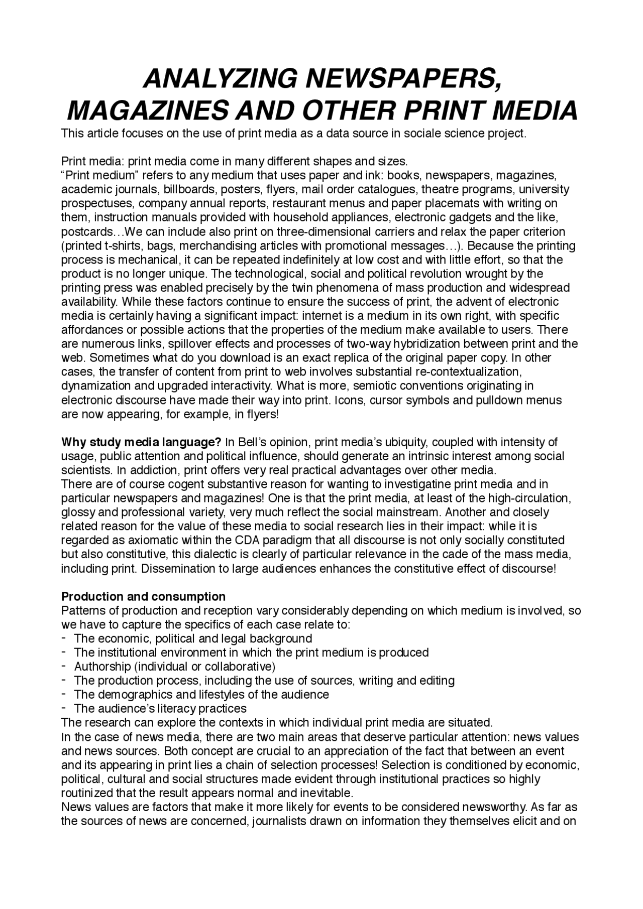 Analyzing newspapers, magazines and other print media - Docsity