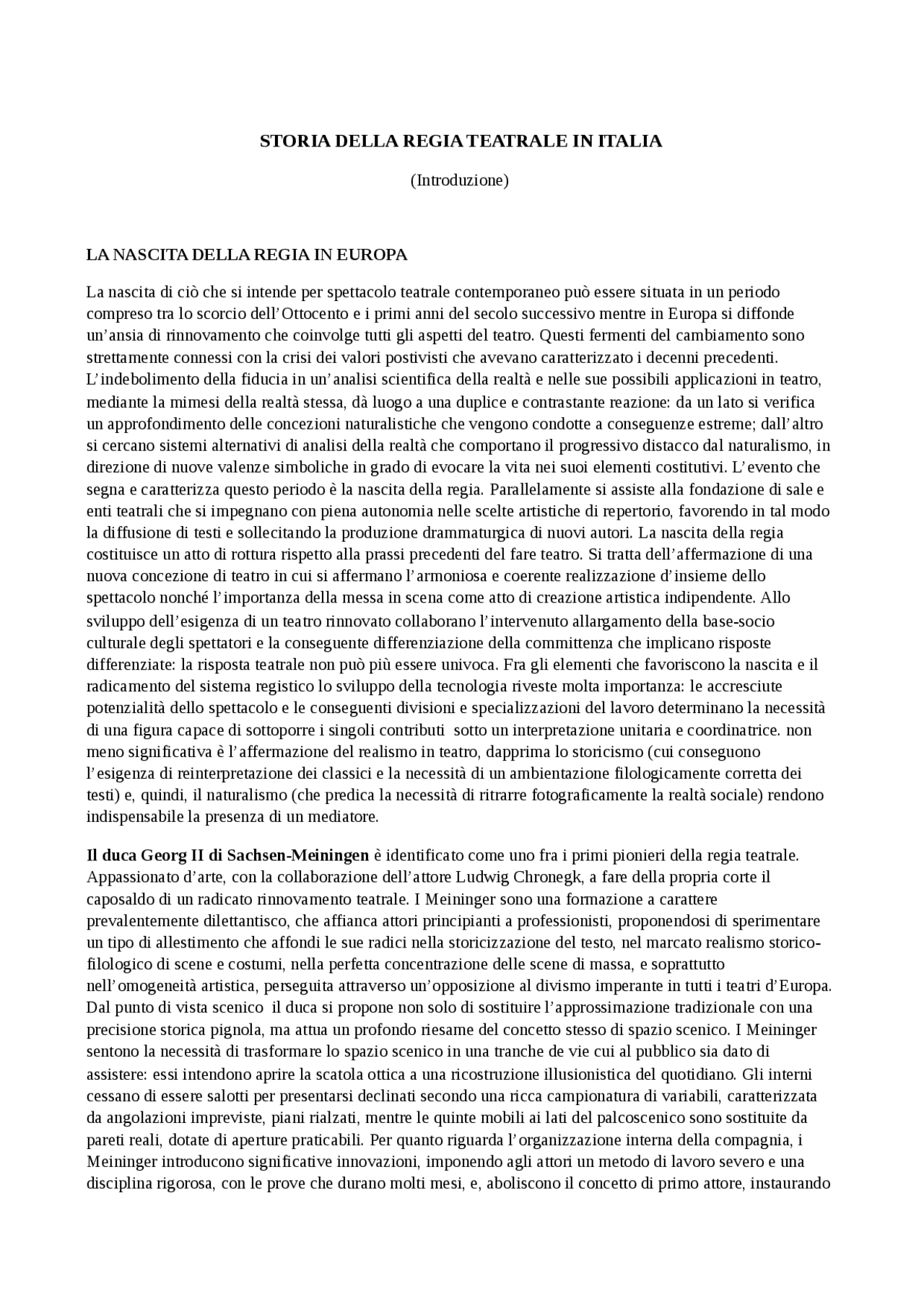 Storia Della Regia Teatrale In Italia Introduzione Docsity