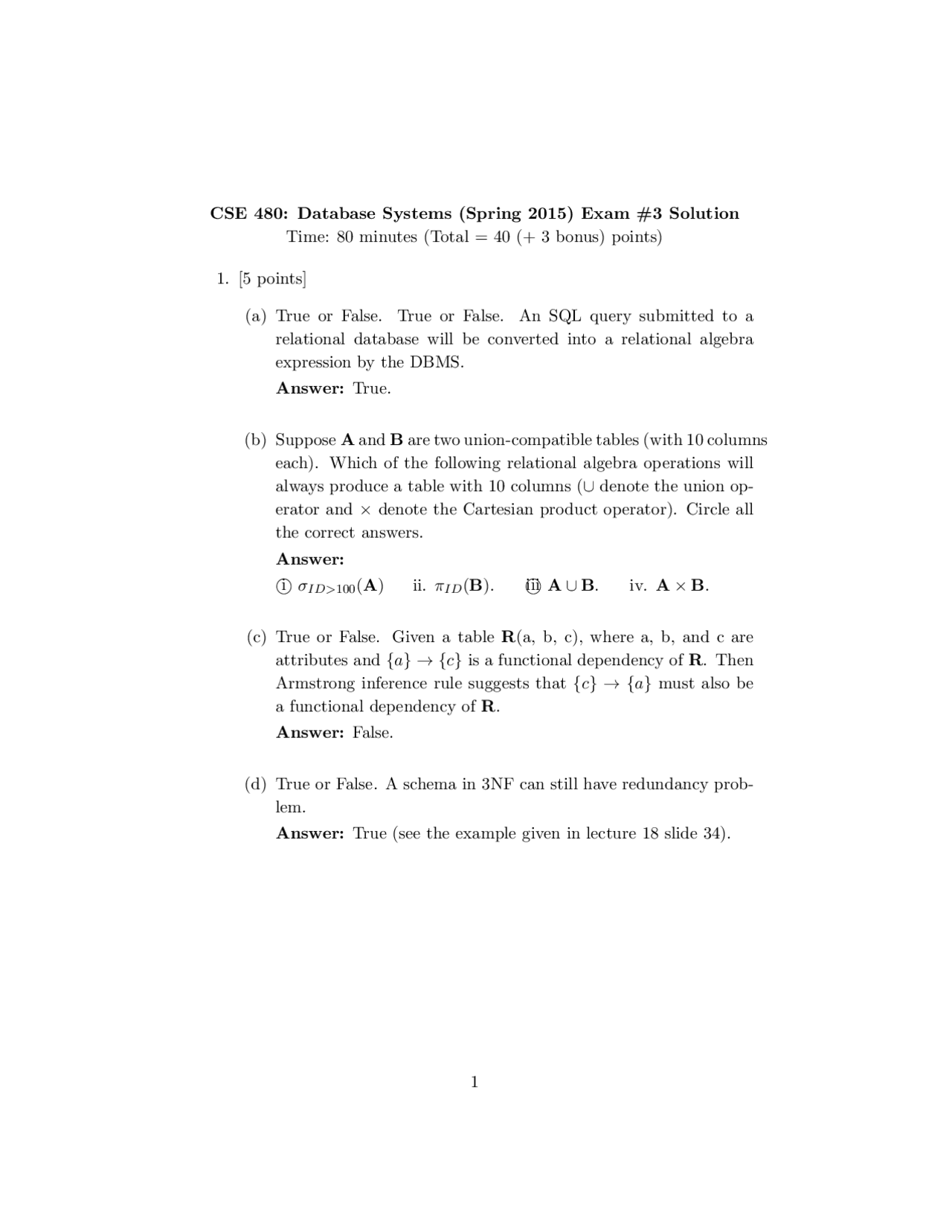 Exam 3 Questions With Solution Database Systems Cse 480 Docsity