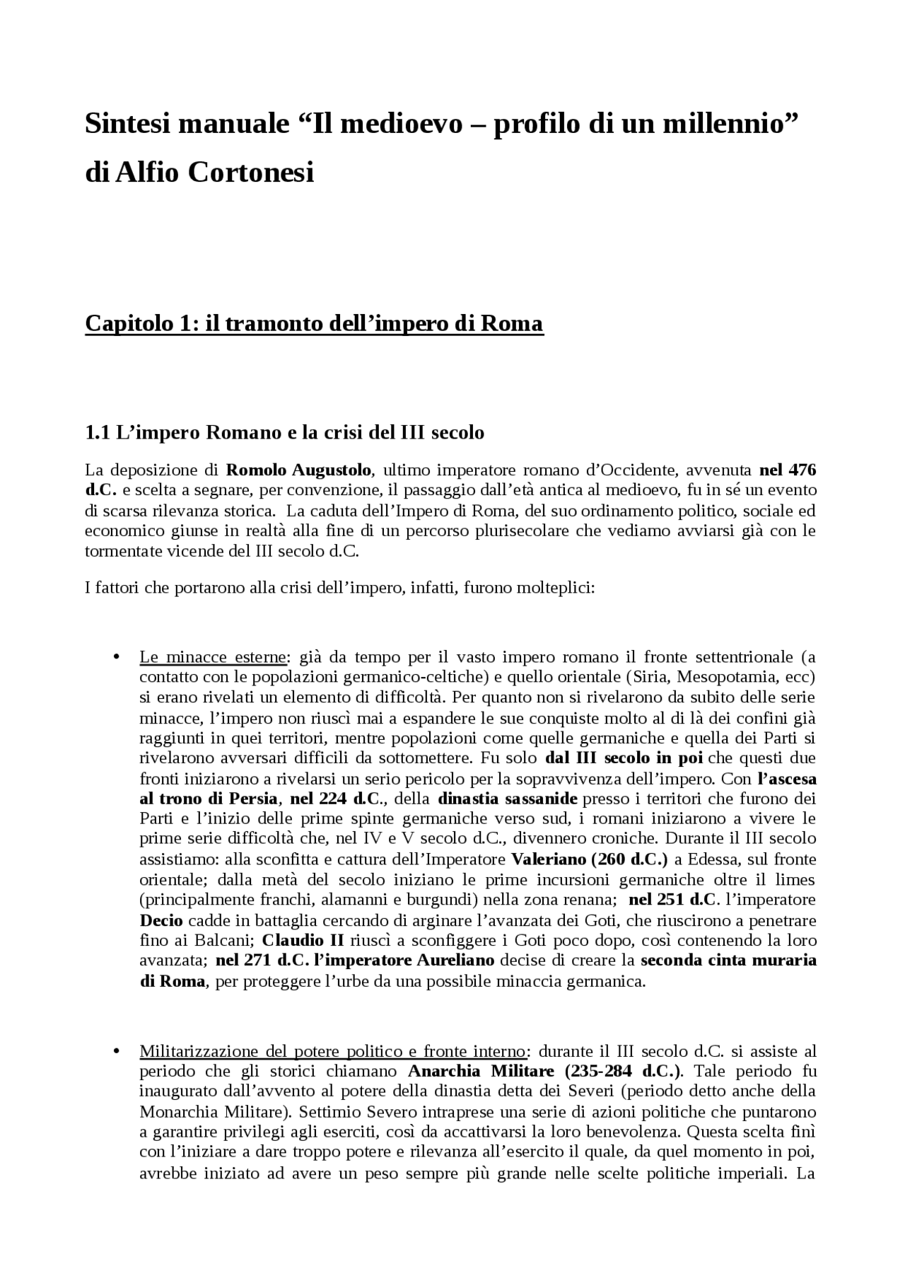 Sintesi Di Il Medioevo Profilo Di Un Millennio Di Alfio Cortonesi Docsity