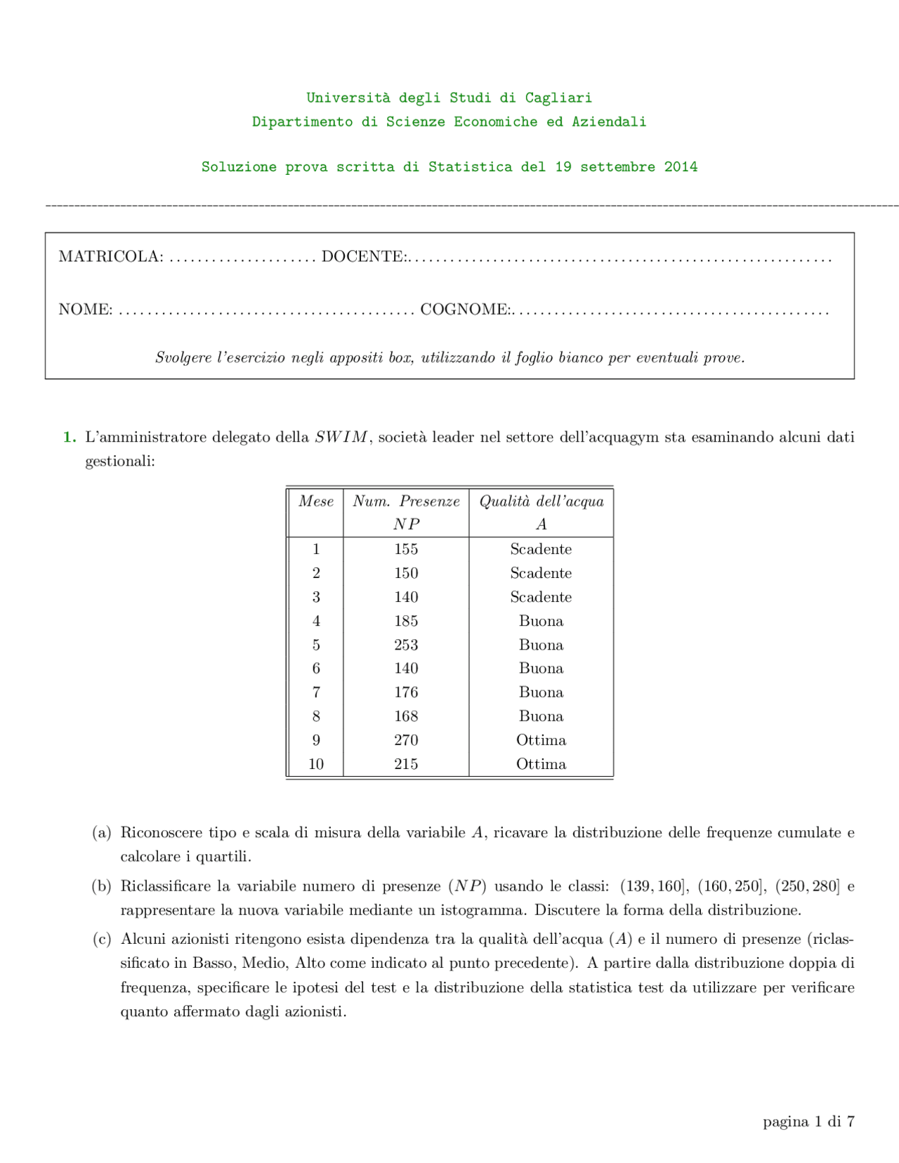 Soluzione Esame Statistica 19 Settembre 2014 Docsity