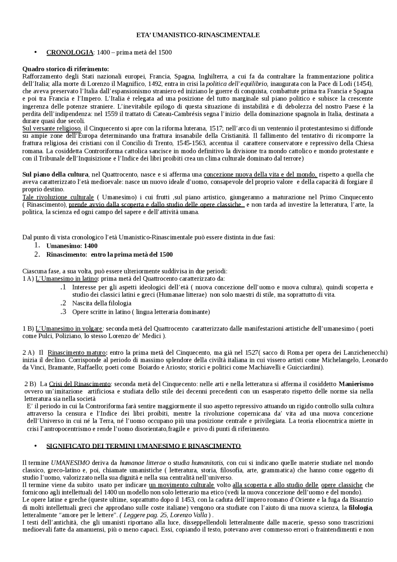 Umanesimo E Rinascimento Docsity
