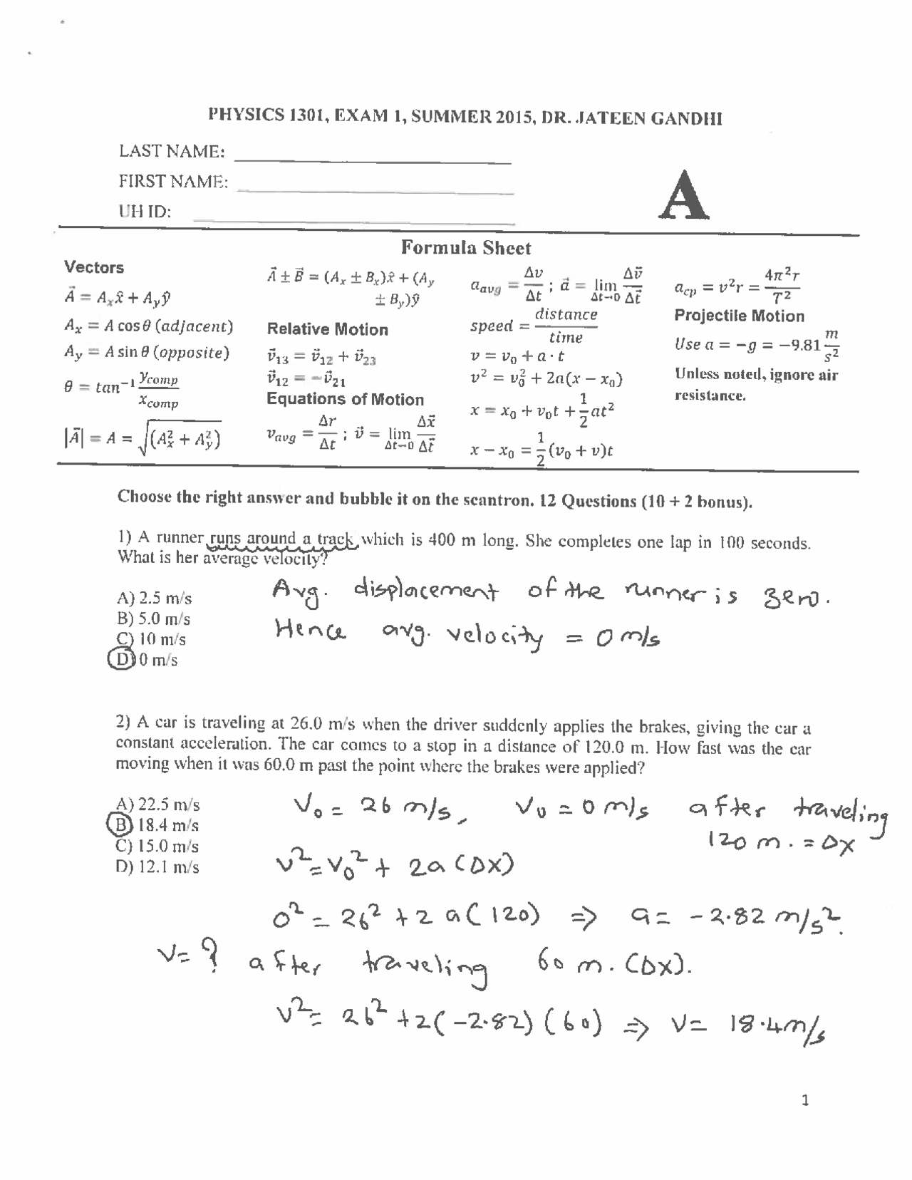 Solved Mcqs On Introductory General Physics L Exam 1 Phys 1301