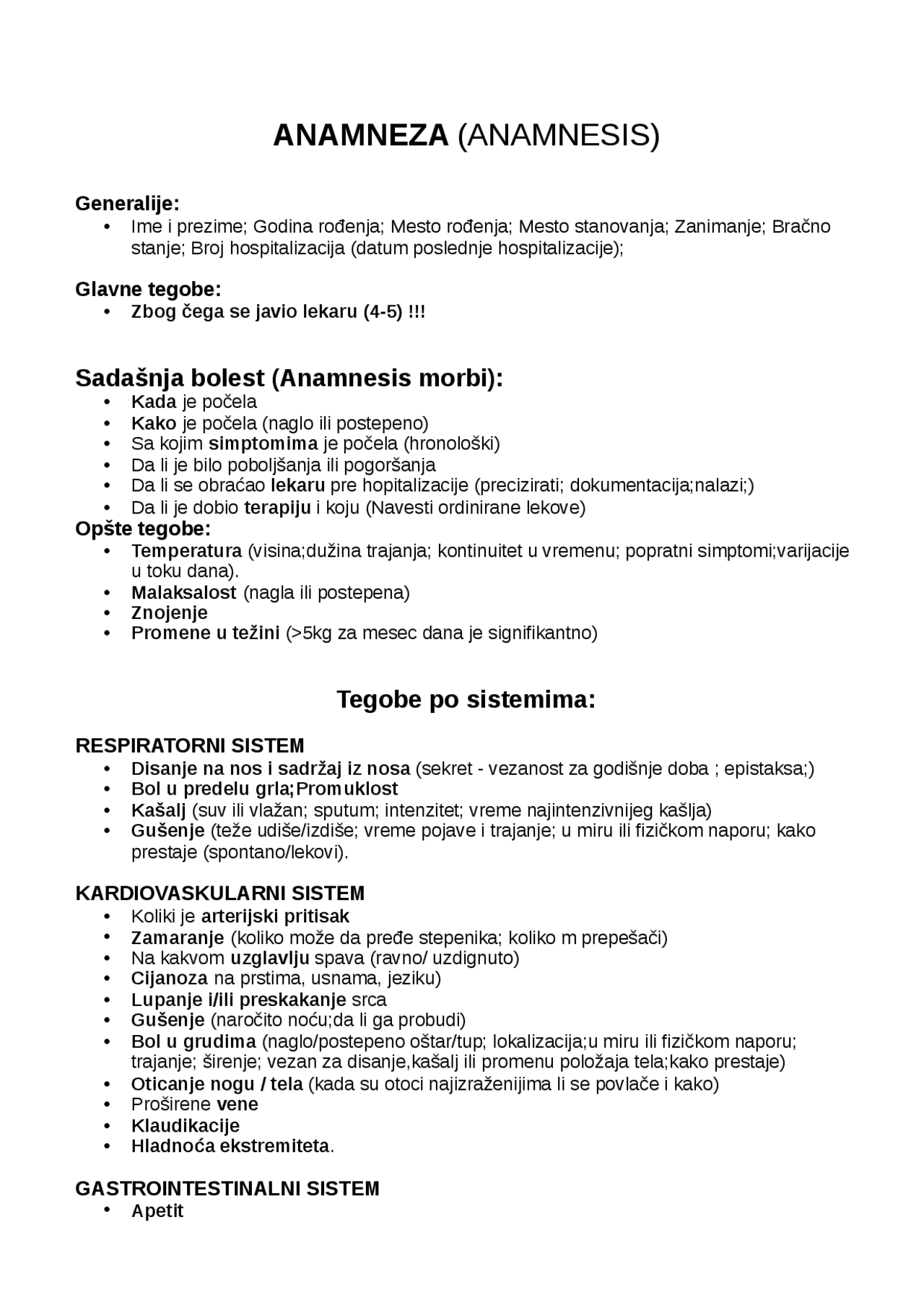 Anamneza (anamnesis): tegobe po sistemima | Beleške' predlog Interna ...