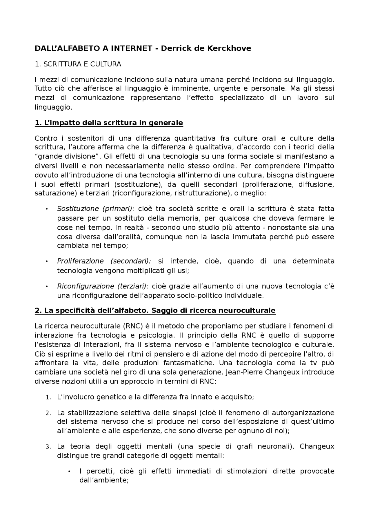 Riassunto Dallalfabeto A Internet Derrick De Kerckhove Docsity