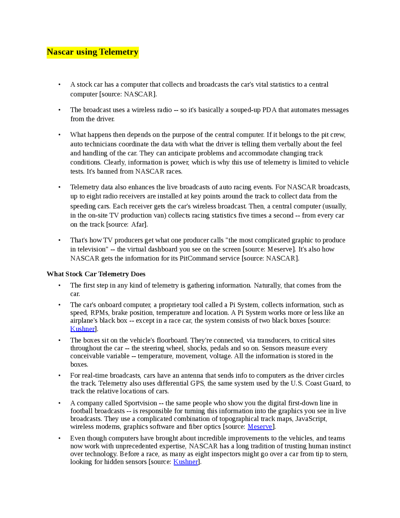 Nascar using Telemetry - Docsity