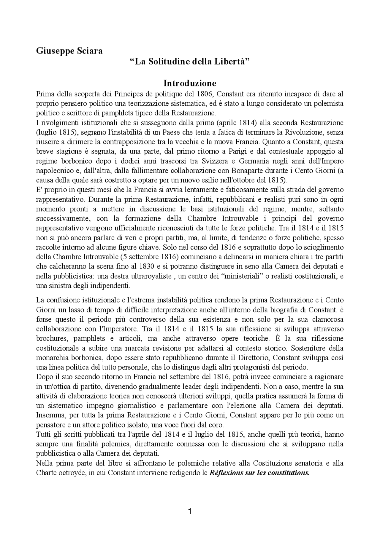 Riassunto La solitudine della libertà, Giuseppe Sciara - Docsity