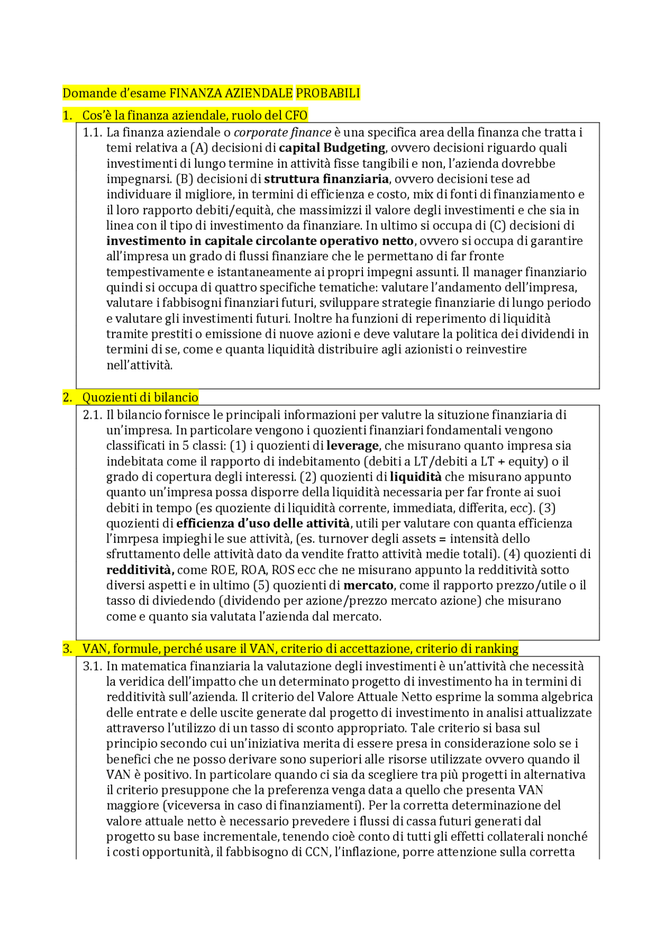 Domande Esame Di Finanza Aziendale Unipv 2 Docsity