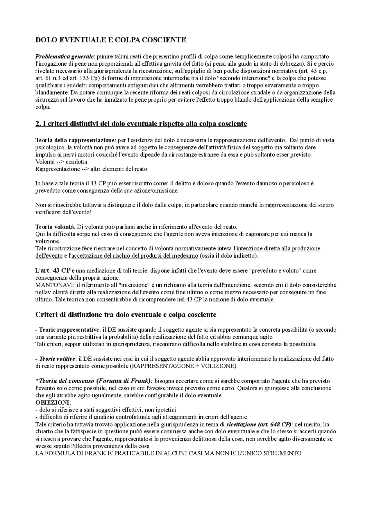 Dolo eventuale e colpa cosciente - Docsity