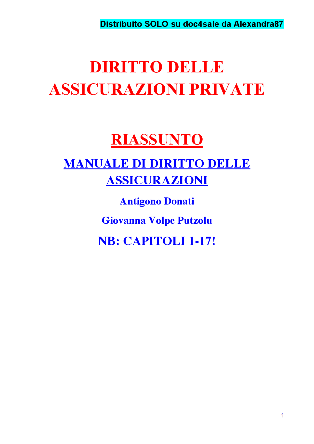Riassunto Manuale Di Diritto Delle Assicurazioni Donati Putzolu Docsity