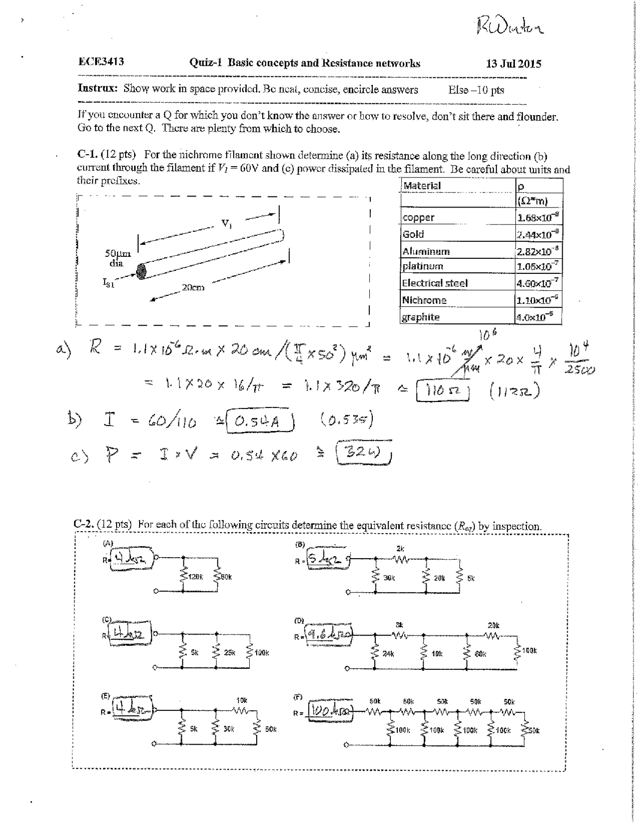 Basic Concepts And Resistance Networks Quiz 1 With Resolution Ece
