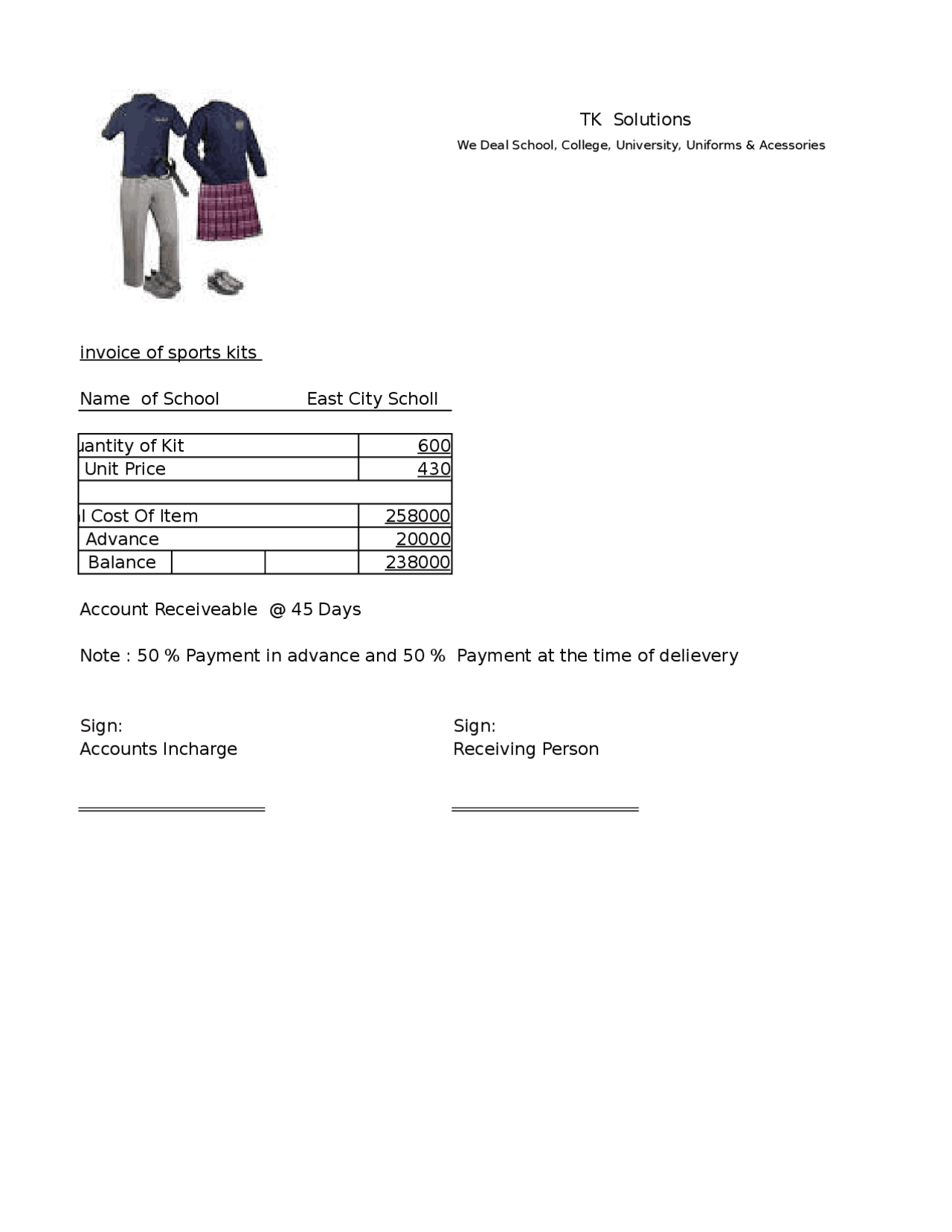 Invoice for School Sports Kits Purchase | Study notes Art | Docsity