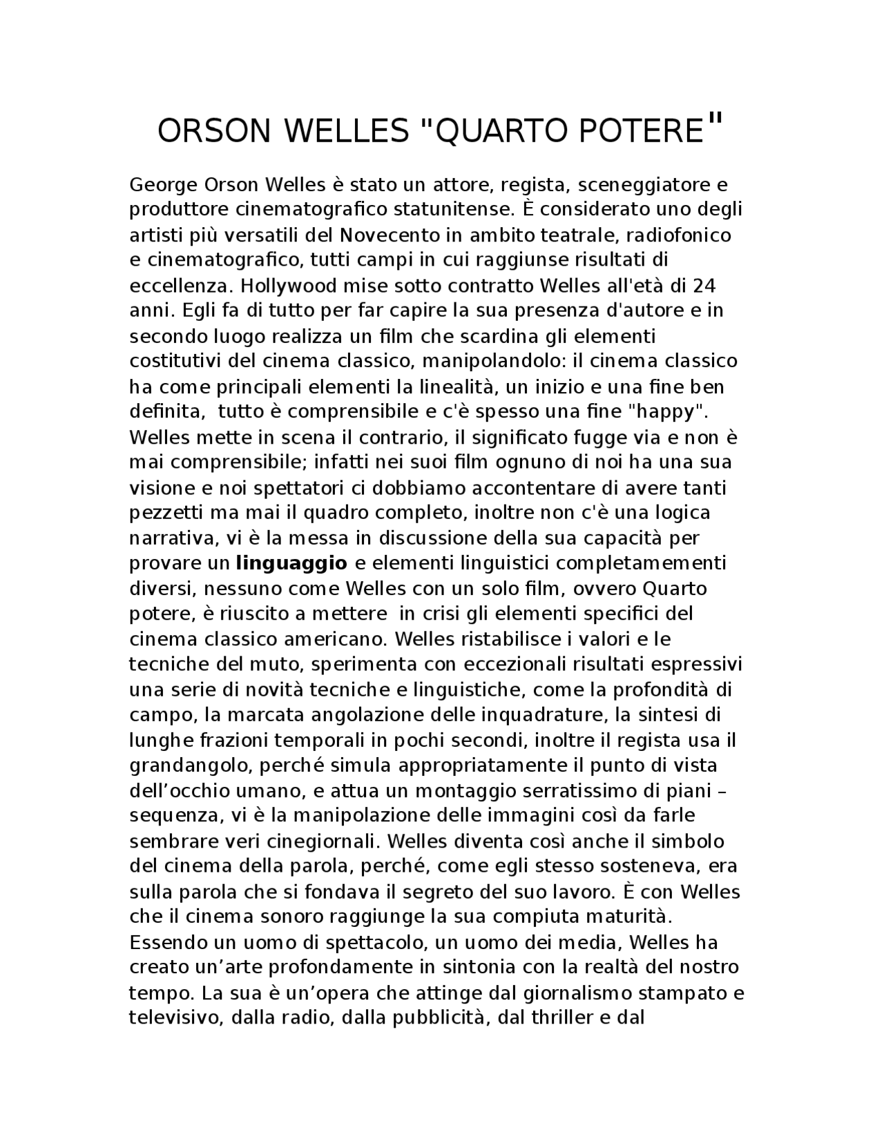 Orson Wells E Quarto Potere Docsity