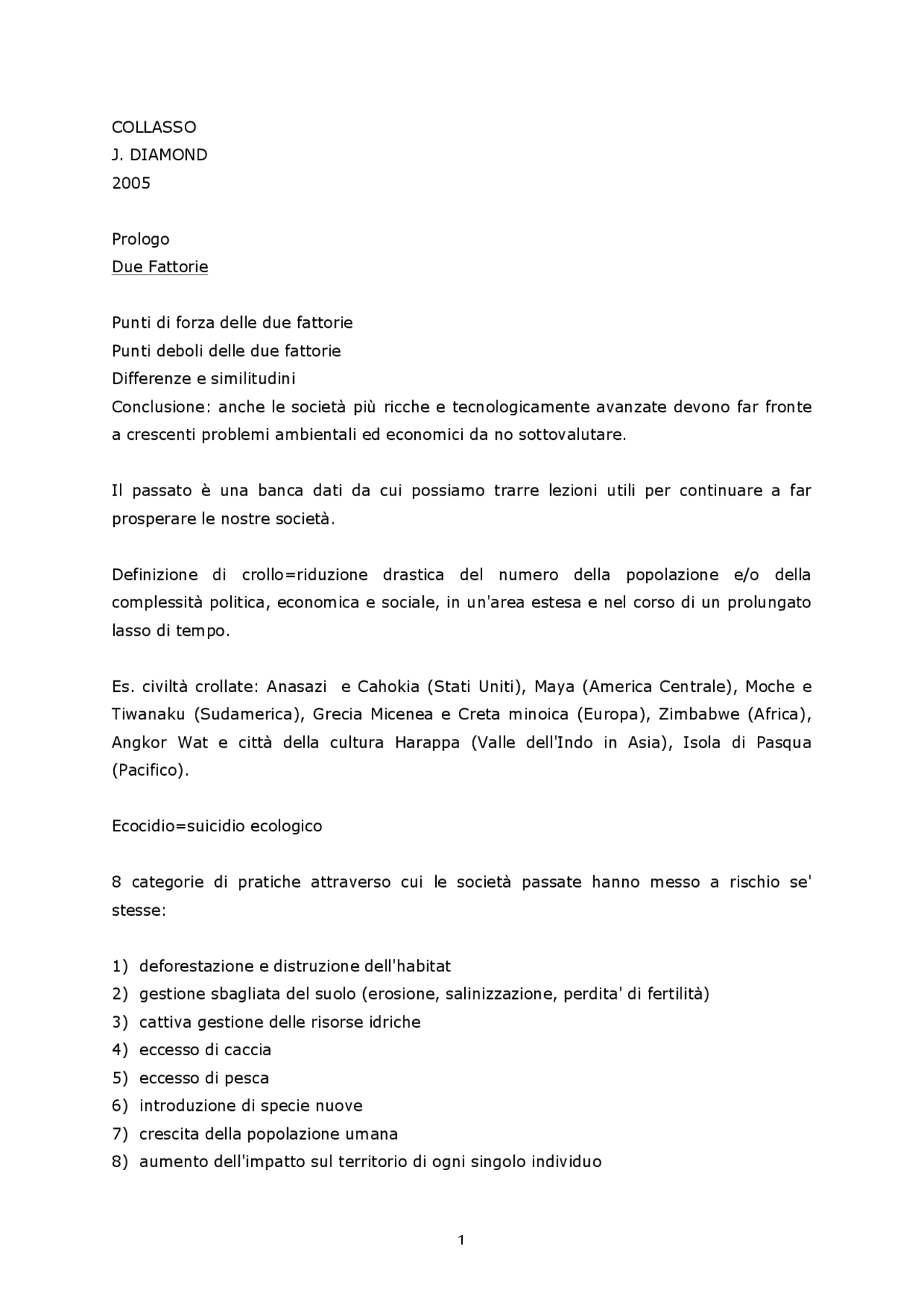 Collasso Jared Diamond 2005 Riassunto Prologo Capitolo 1 Docsity