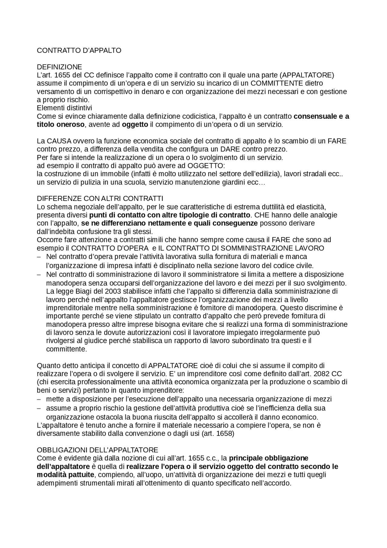 Contratto Dappalto Appunti Di Diritto Privato Docsity