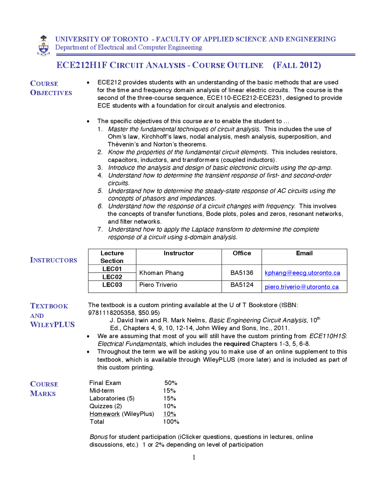 Ece212 course outline fall 2012 | Thesis Electrical Engineering | Docsity