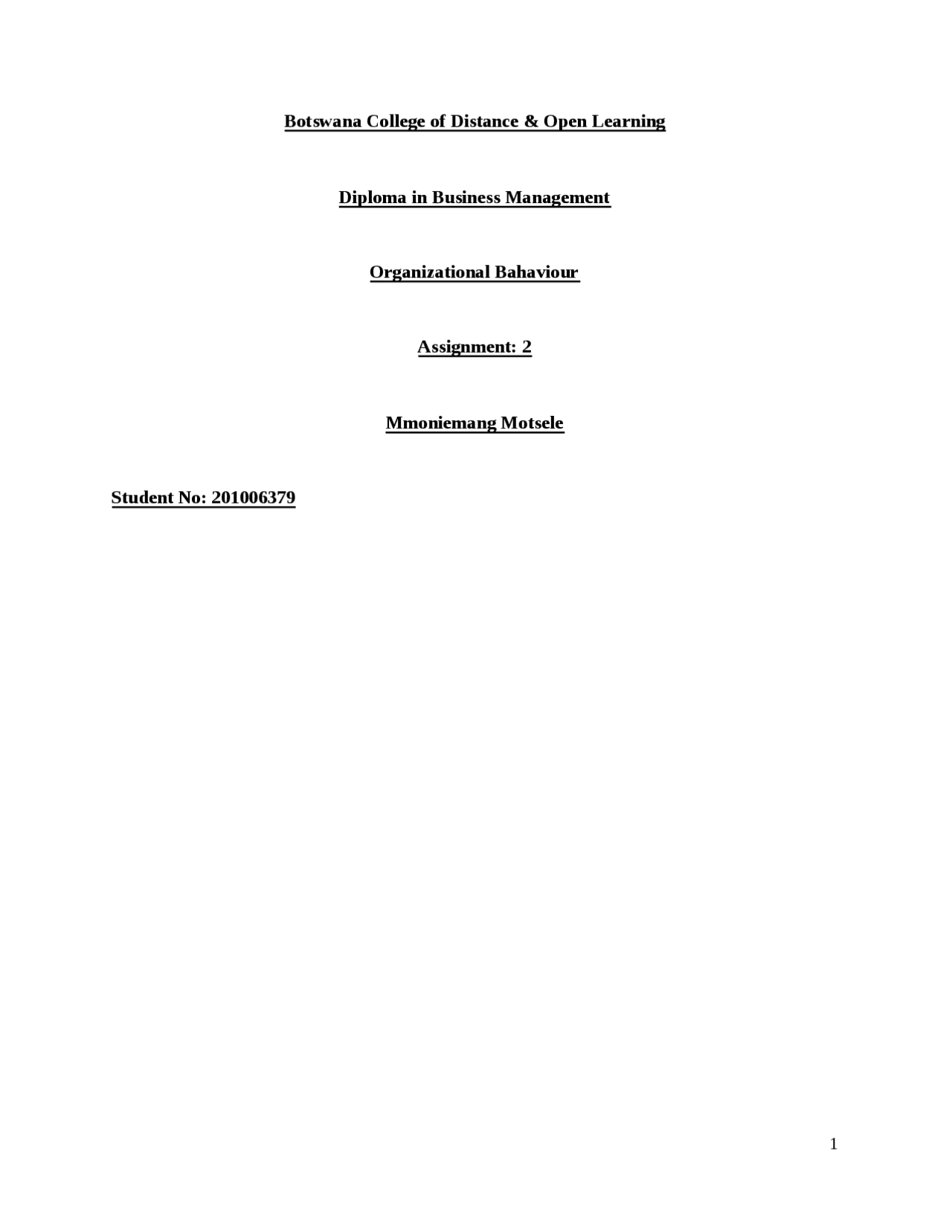 Assignment 2 Organisational Behaviour Docsity
