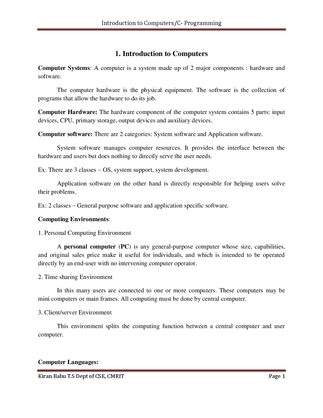 Unit i notes | Study notes Algorithms and Programming - Docsity