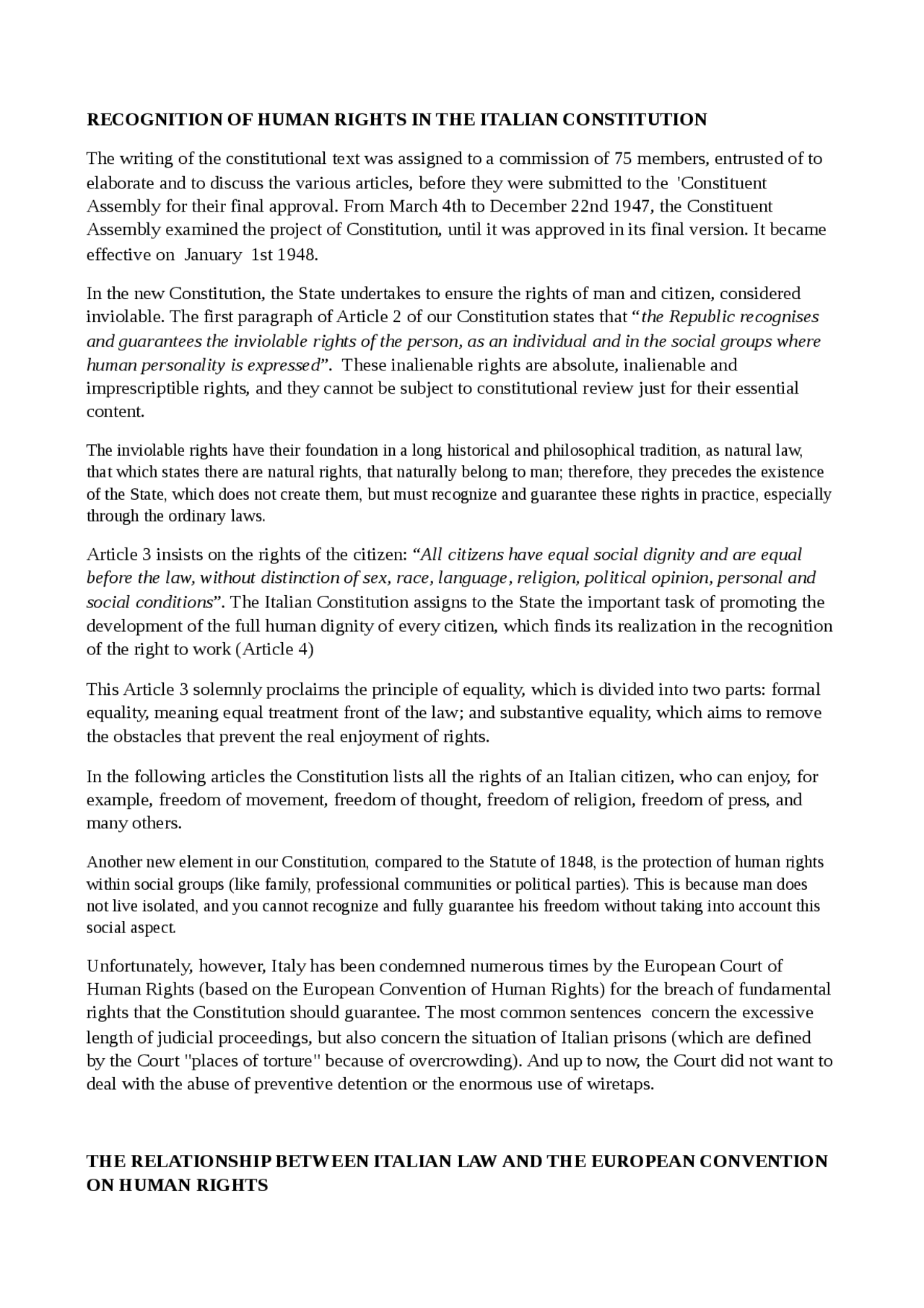 Recognition of human rights in the Italian Constitution - Docsity