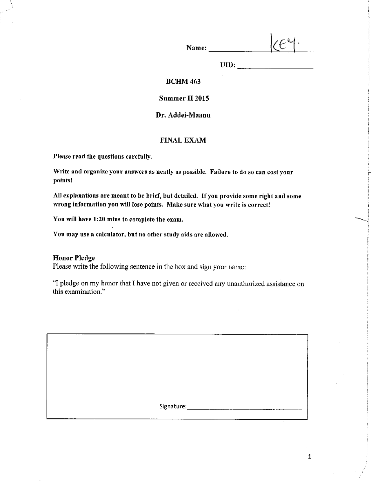 Solutions To Final Exam Biochemistry And Physiology Bchm 463 Docsity