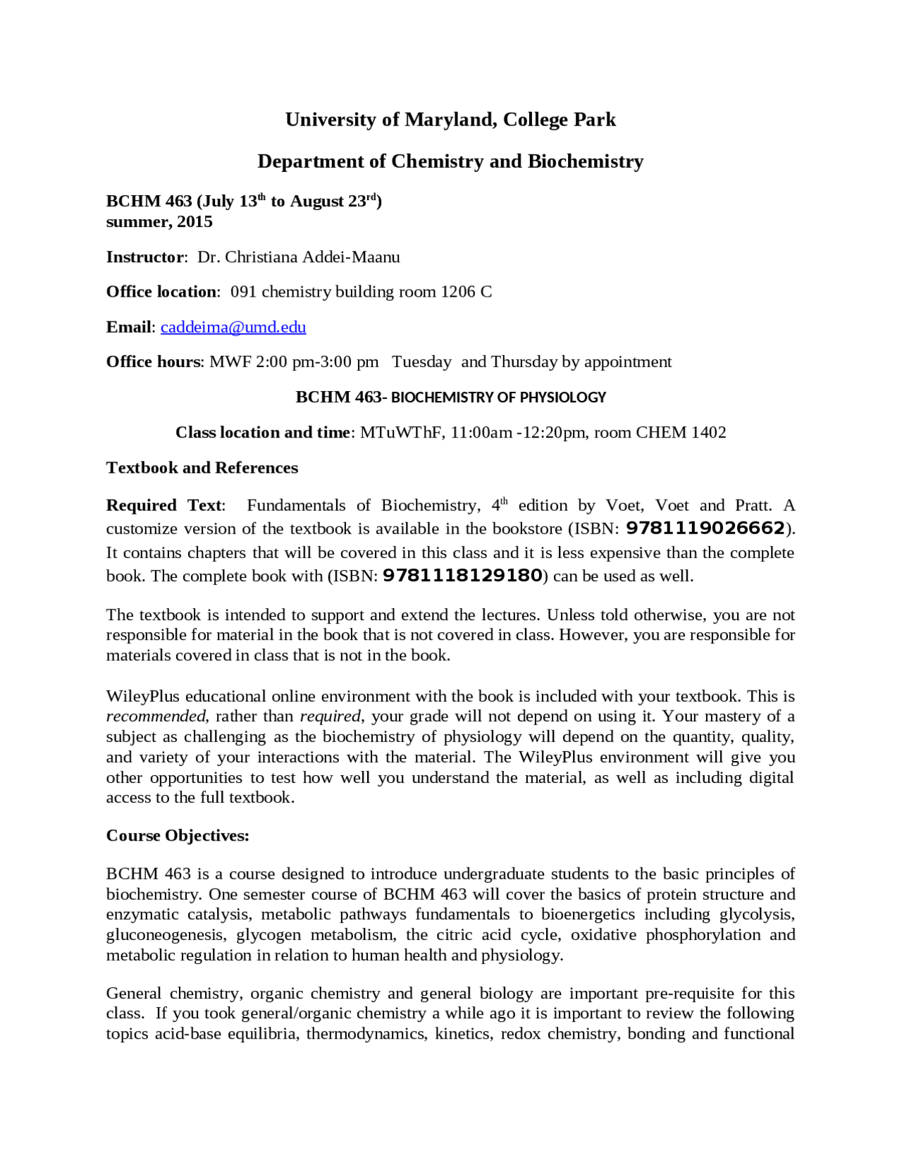 Syllabus For Biochemistry Of Physiology Bchm 463 Docsity