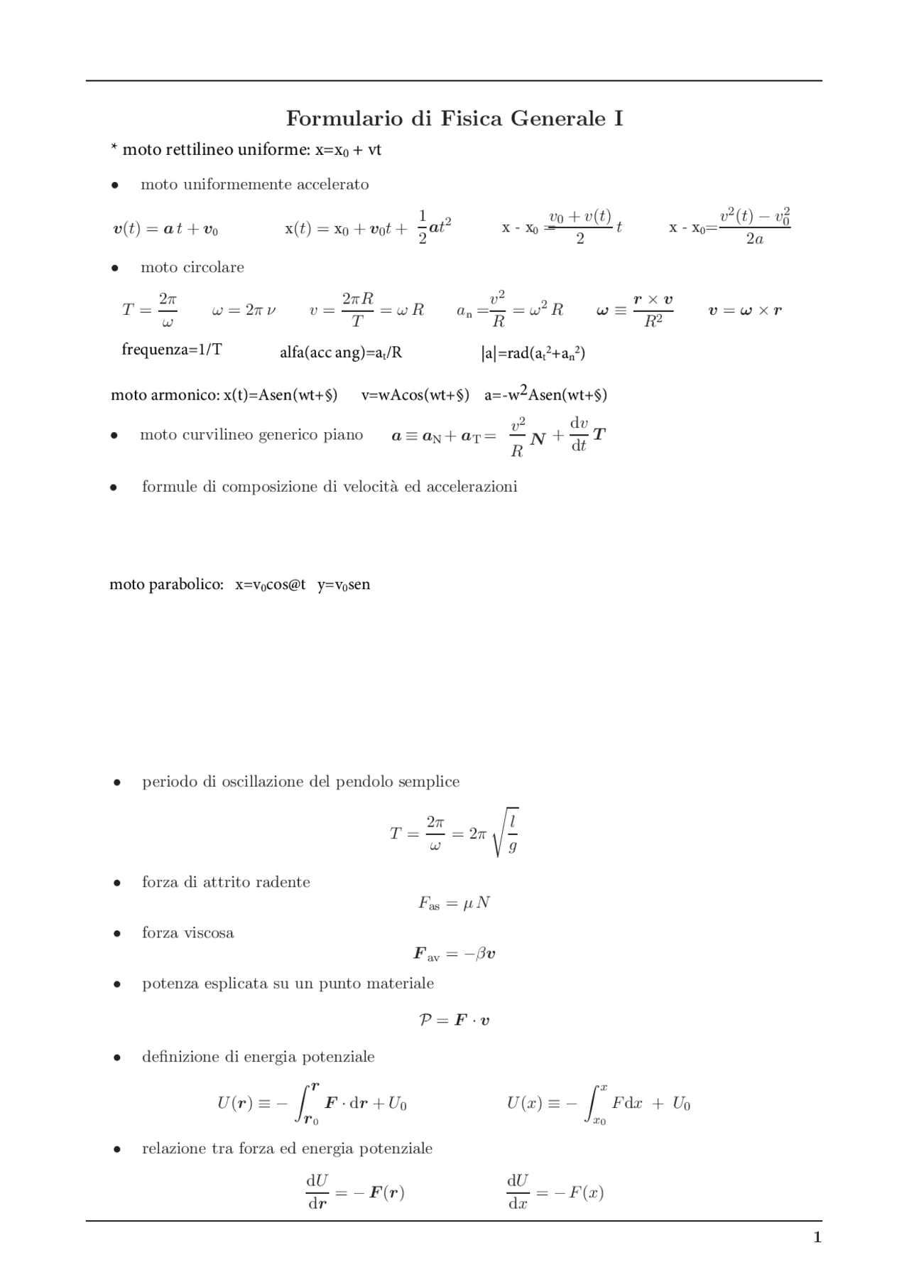Formulario Di Fisica Generale I Docsity