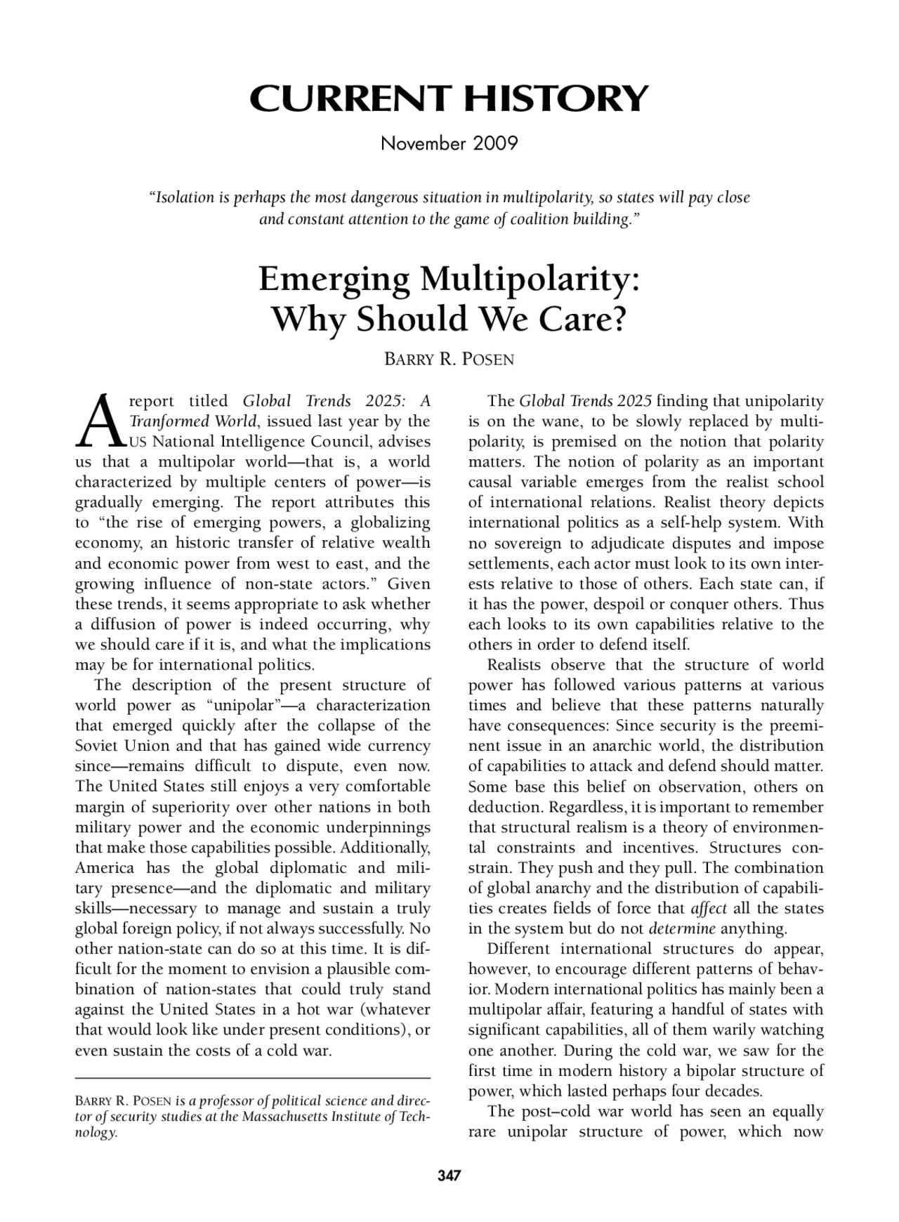 Posen emerging multipolarity | Lecture notes of International Relations ...