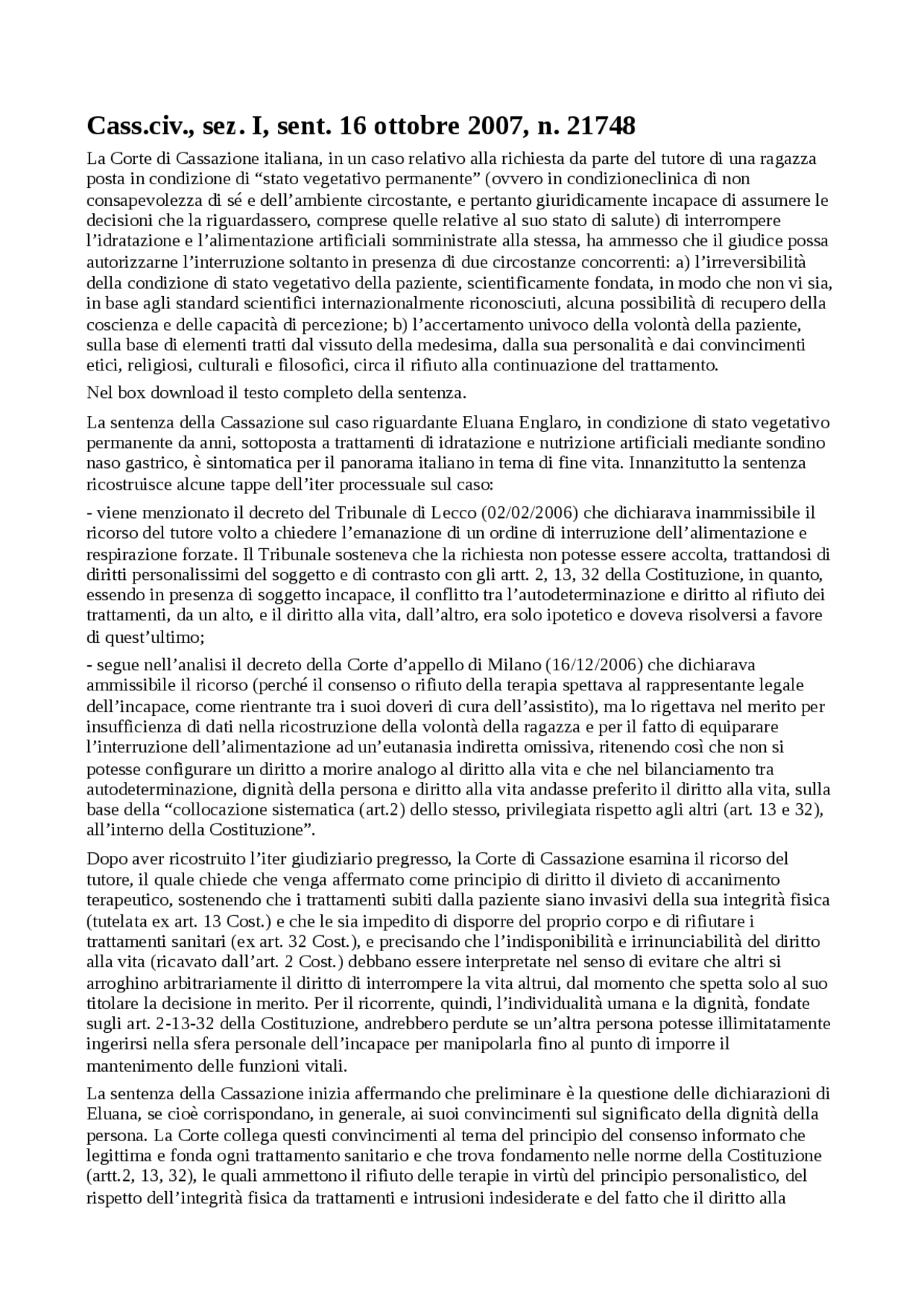 Cassciv Sez I Sent 16 Ottobre 2007 N 21748 Docsity