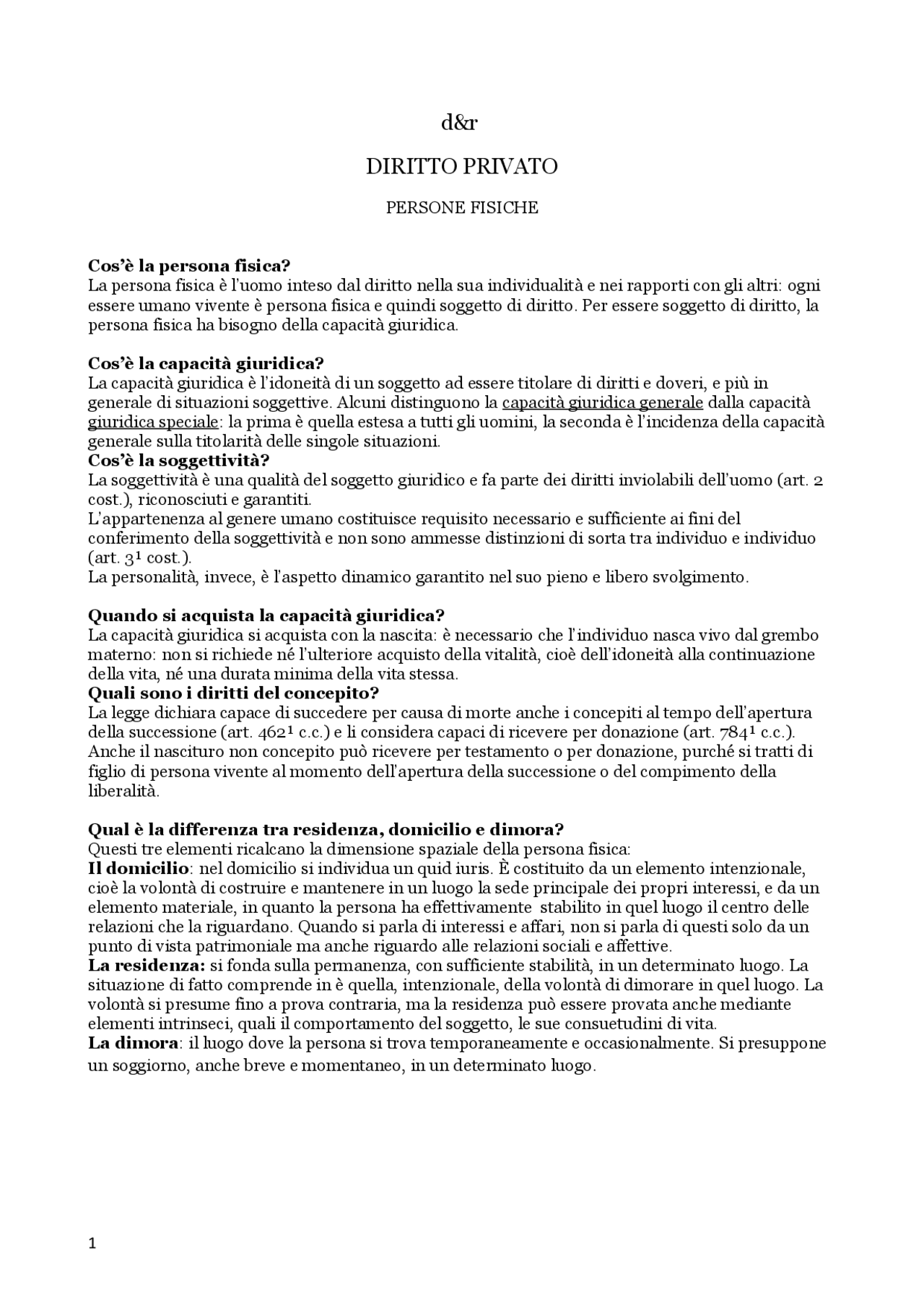 Compendio Diritto Privato Persone Fisiche E Persone Giuridiche Docsity