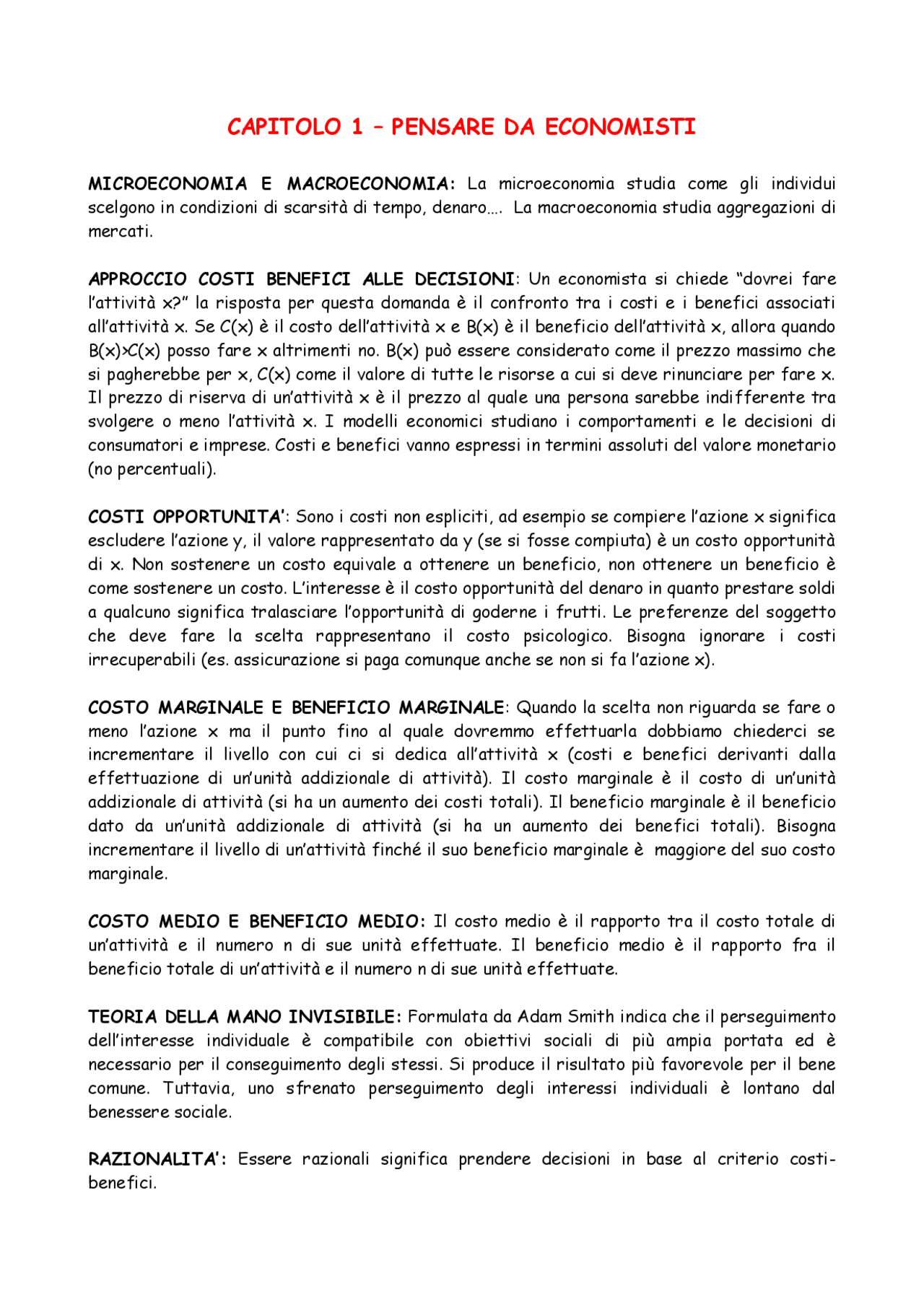 Pensare da economisti: concetti e definizioni fondamentali - Docsity