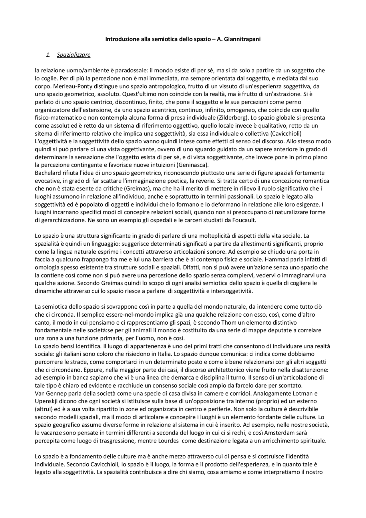 Riassunto Introduzione Alla Semiotica Dello Spazio Docsity