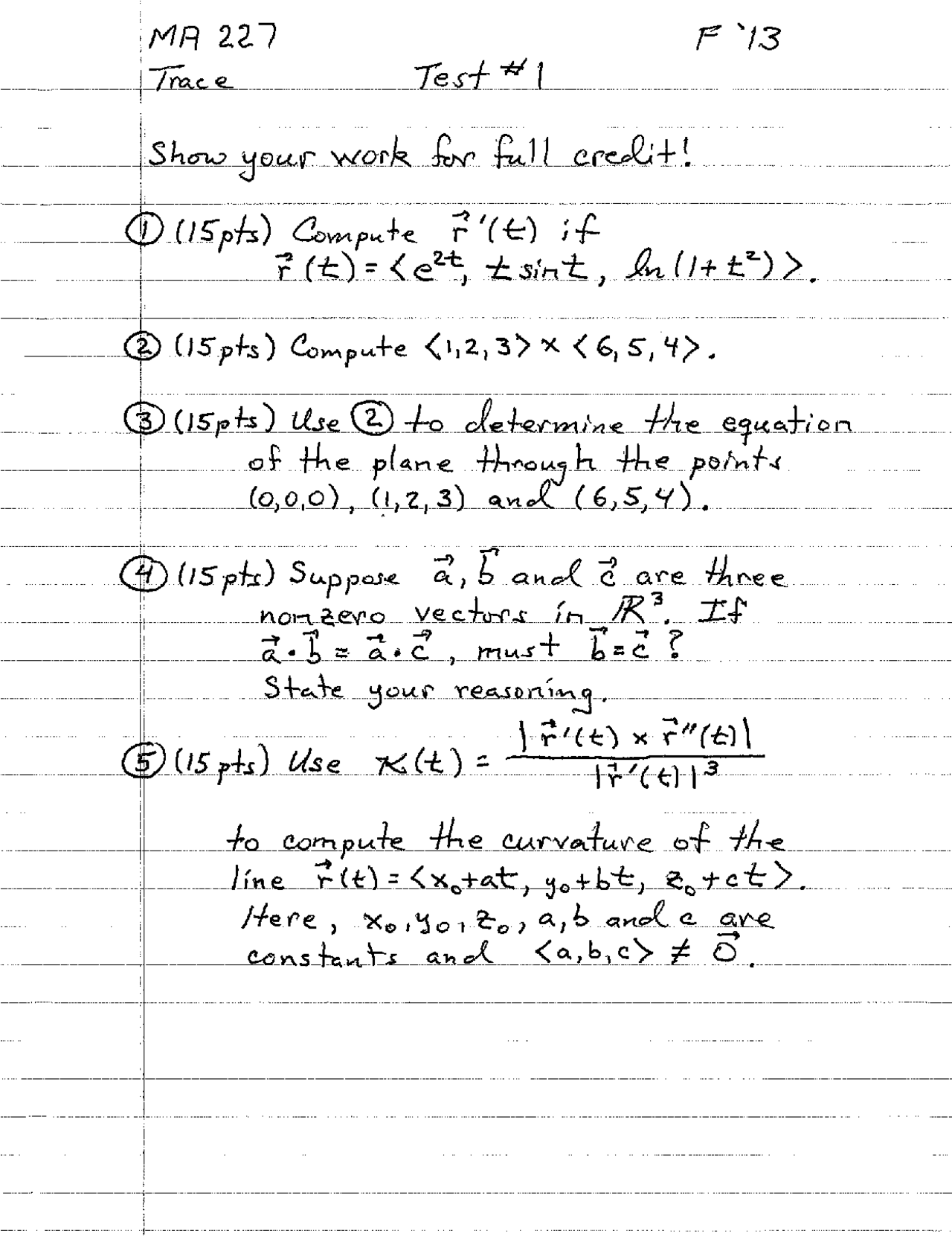 Handout Test 1 with Solution | Calculus III | MATH 227 | Exams Advanced ...