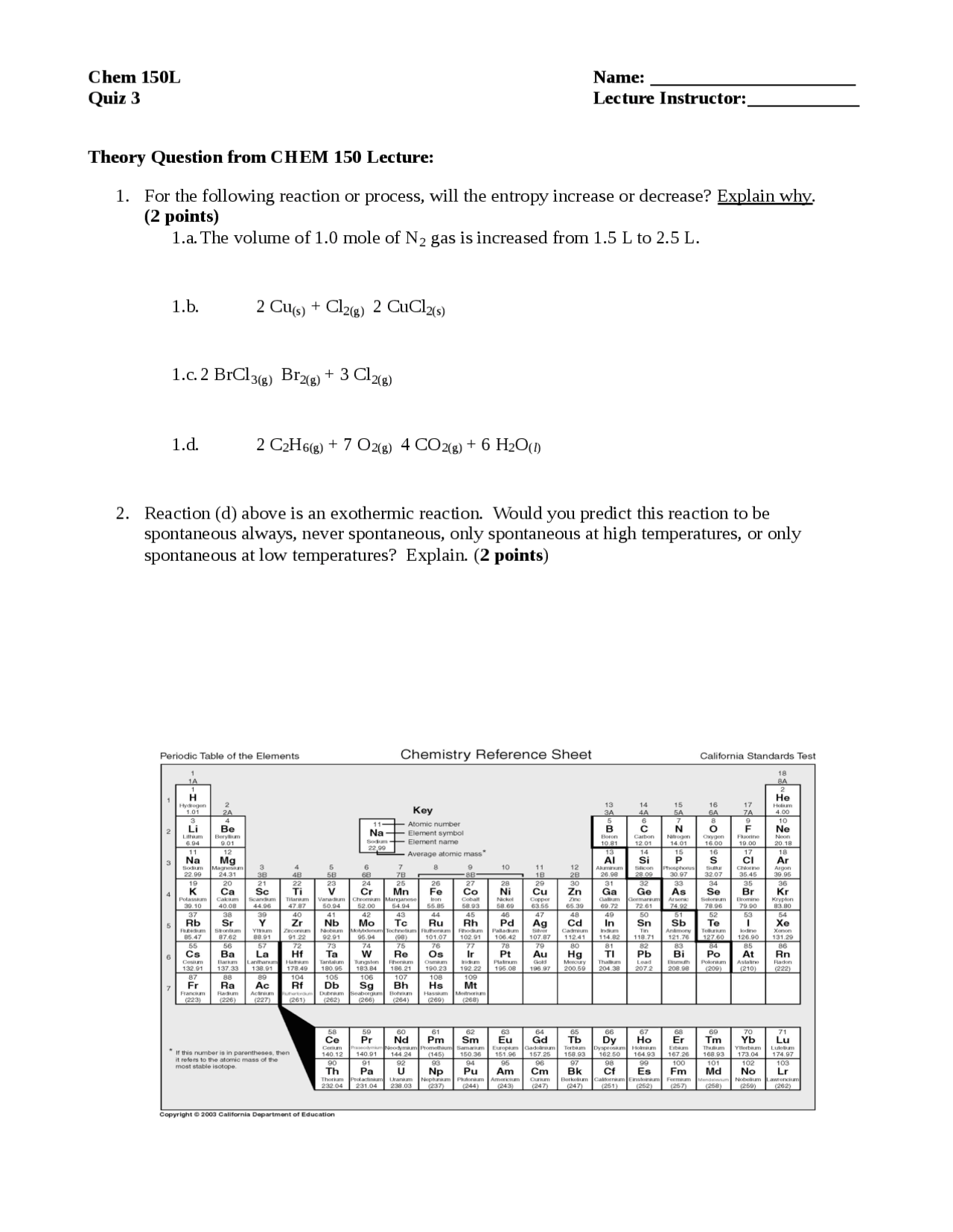 Chemistry Quiz 3 - Entropy and Specific Heat Calculation | Exercises ...