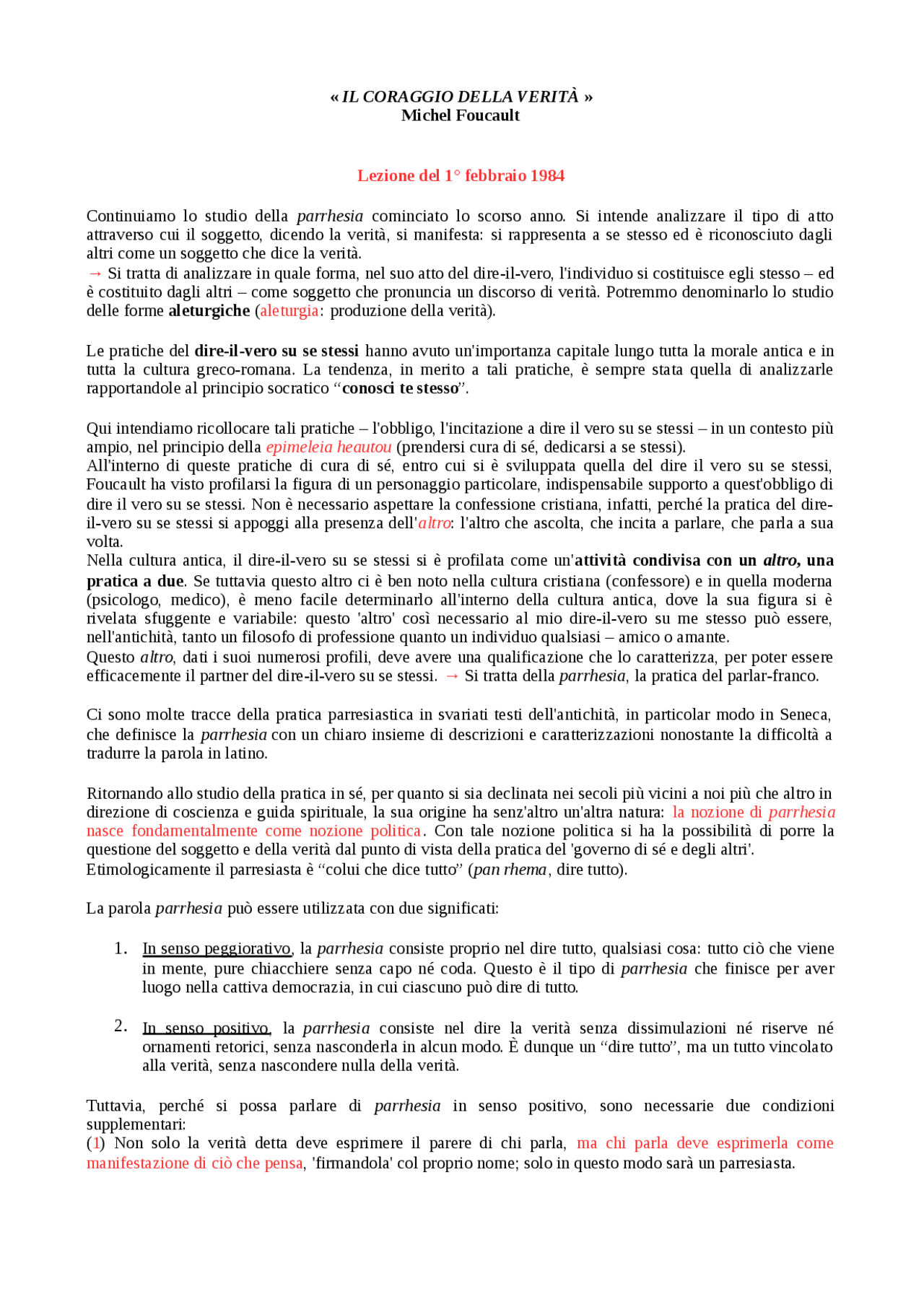 Il Coraggio Della Verità Foucault Riassunto Docsity