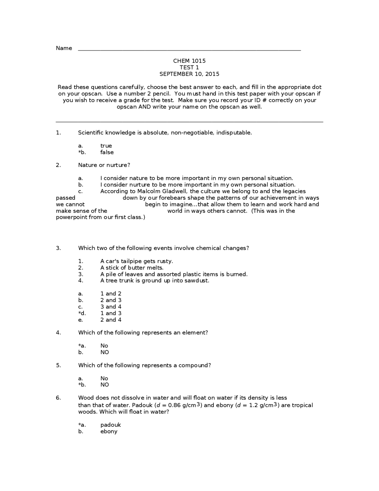 Past Test 1 on Introduction to Chemistry with Answer Key | CHEM 1015 ...