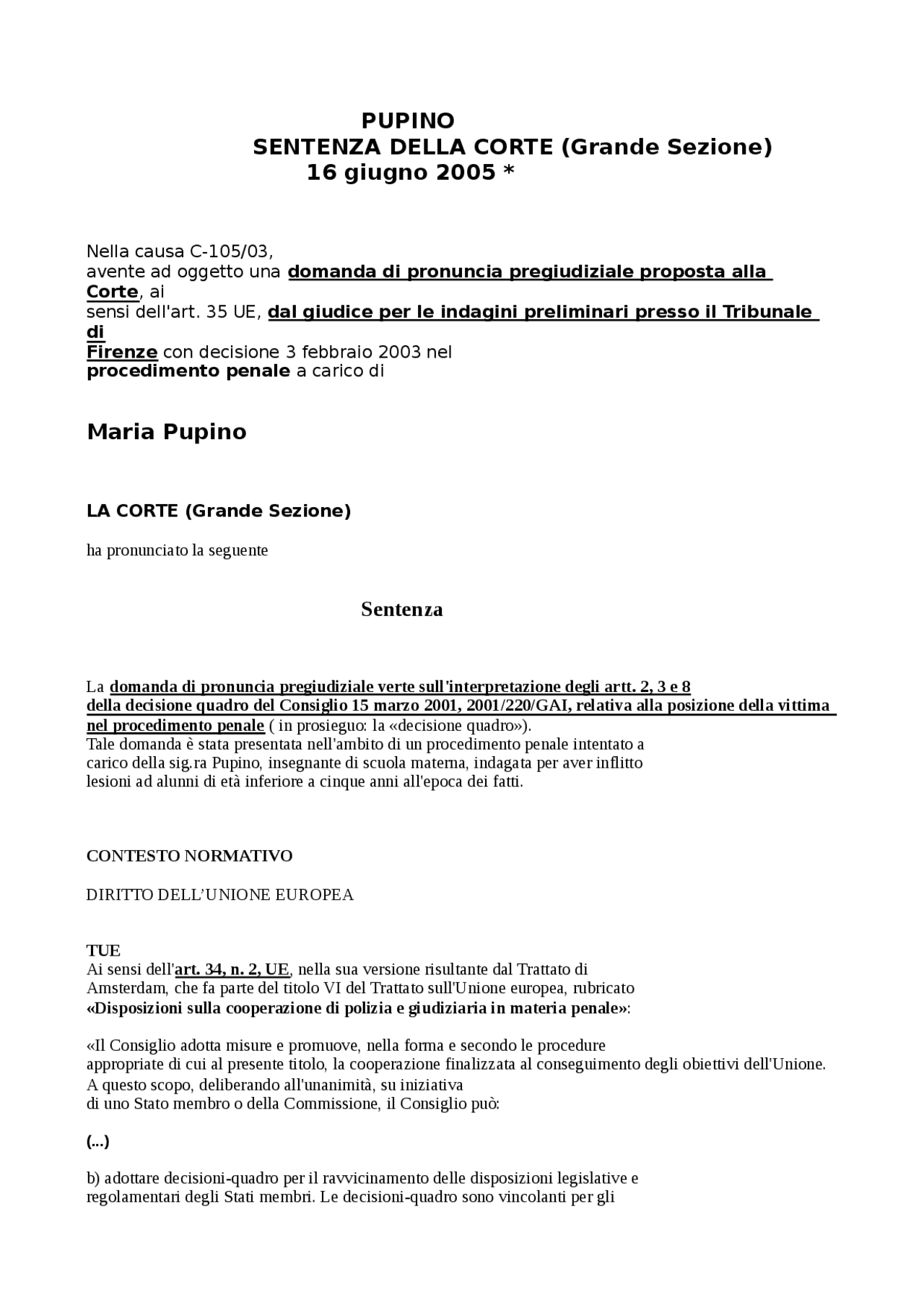 Sentenza pupino cgue 2005 - Docsity