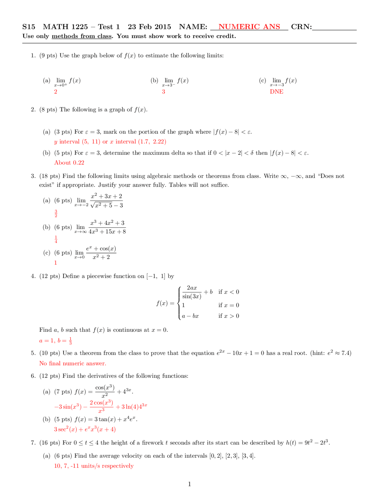 Test 1solutions Calculus Of A Single Variable Feb 2015 Math 1225