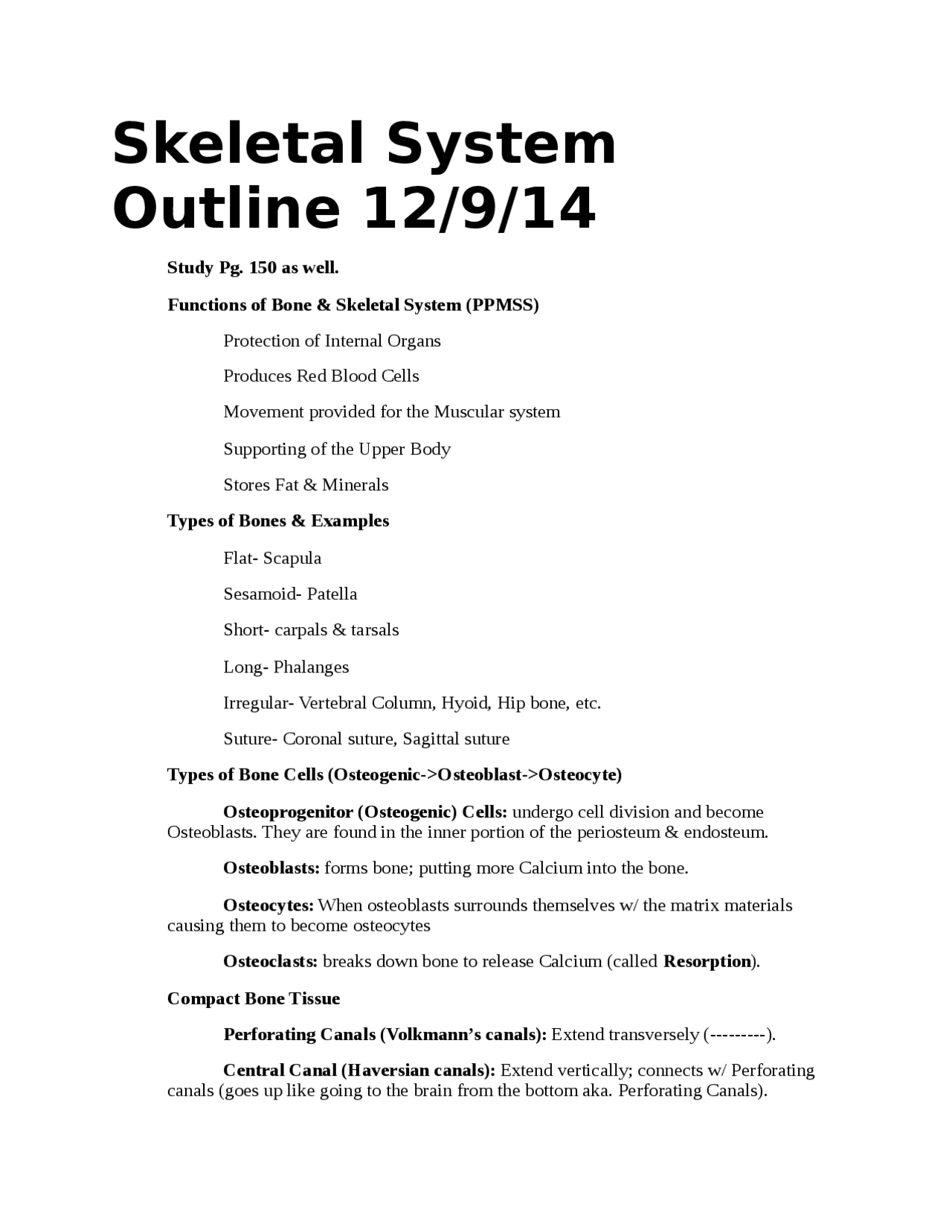 Skeletal system outline - Docsity