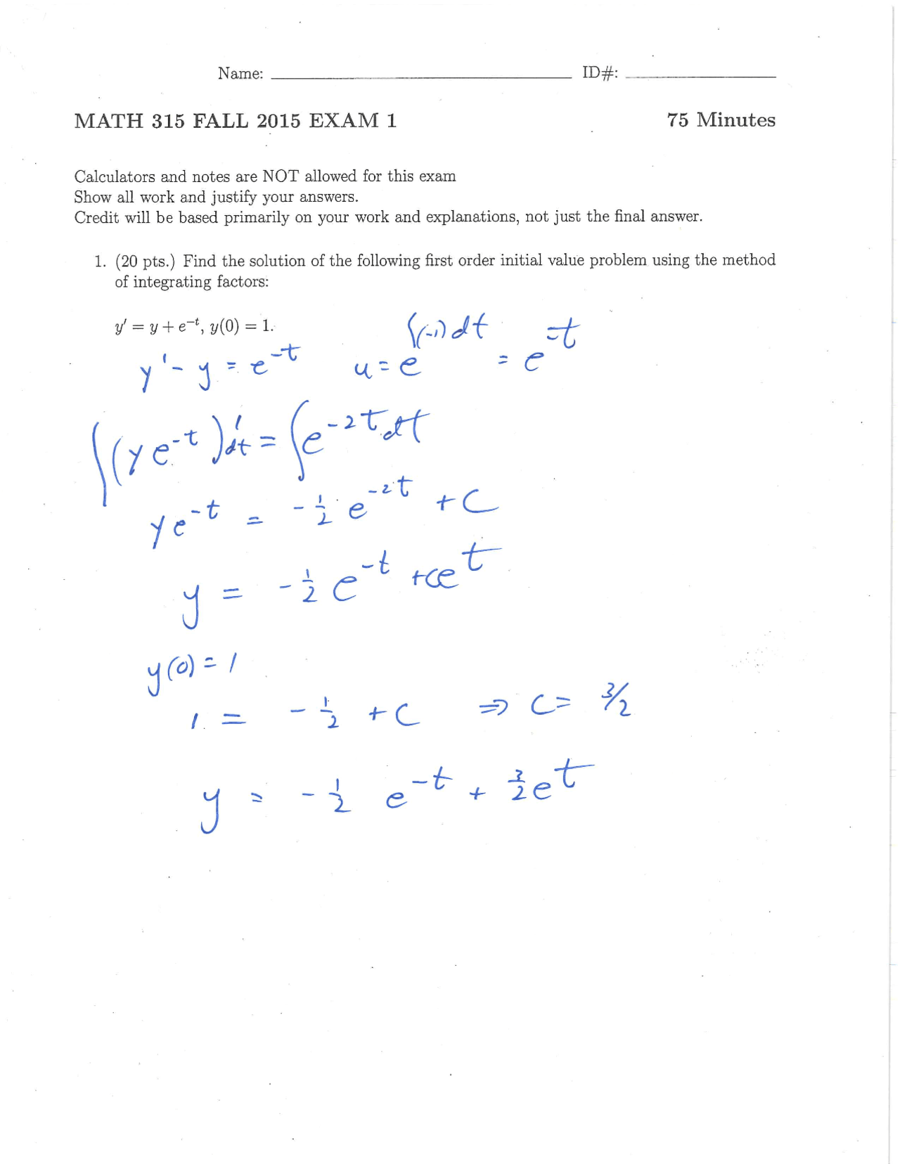 Exam 1 with Answers - Differential Equations | Math 315 - Docsity