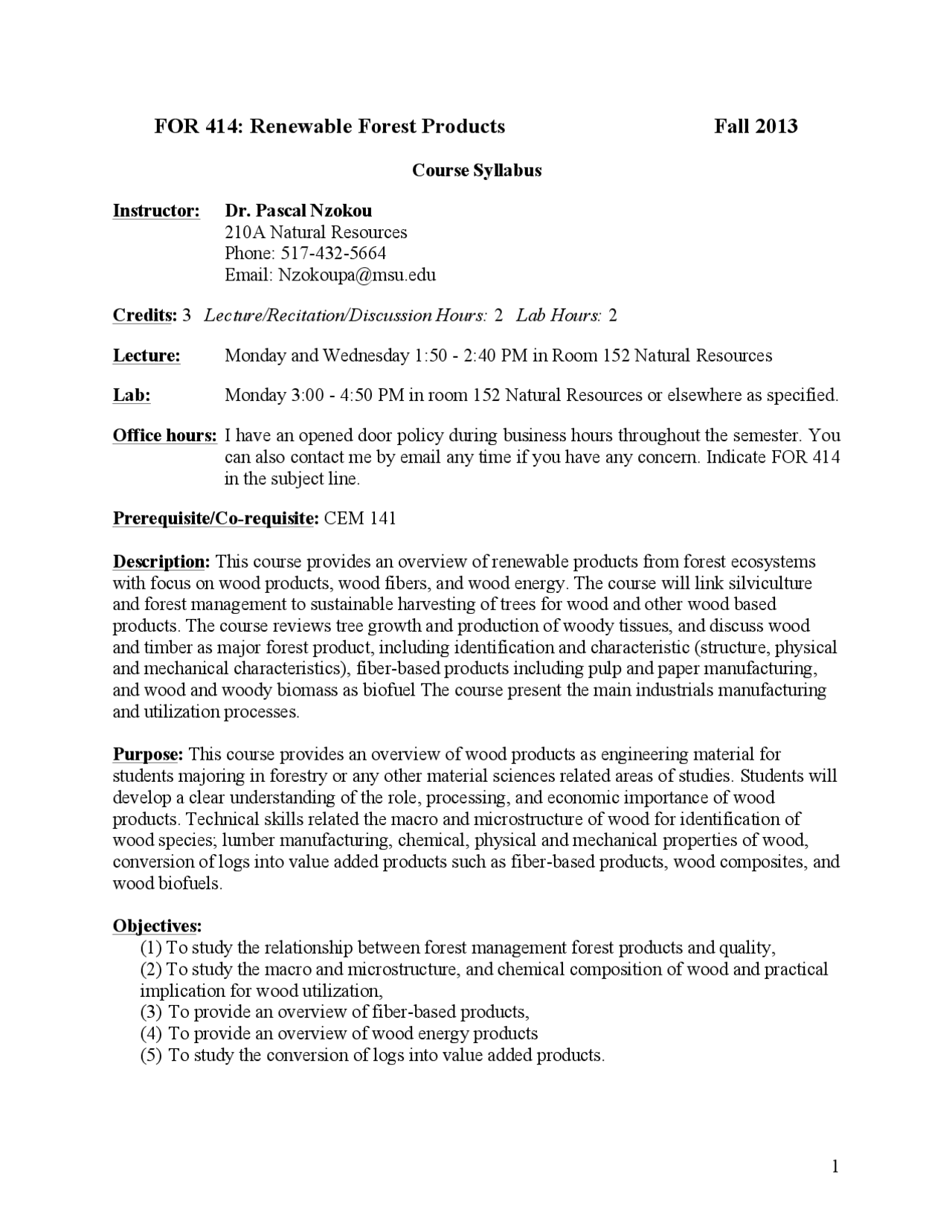 Renewable Forests Products - Syllabus | FOR 414 - Docsity