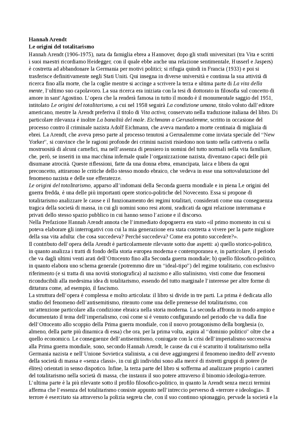 Hannah Arendt Riassunto Abbagnano Docsity