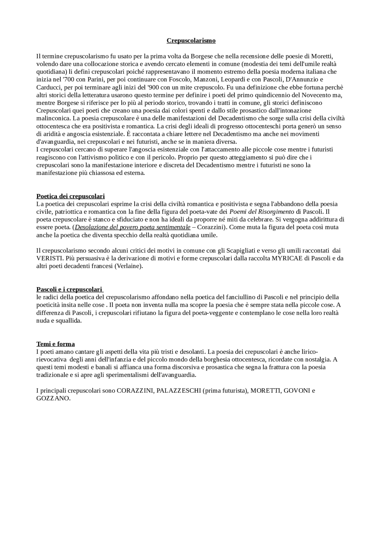 Crepuscolarismo Docsity